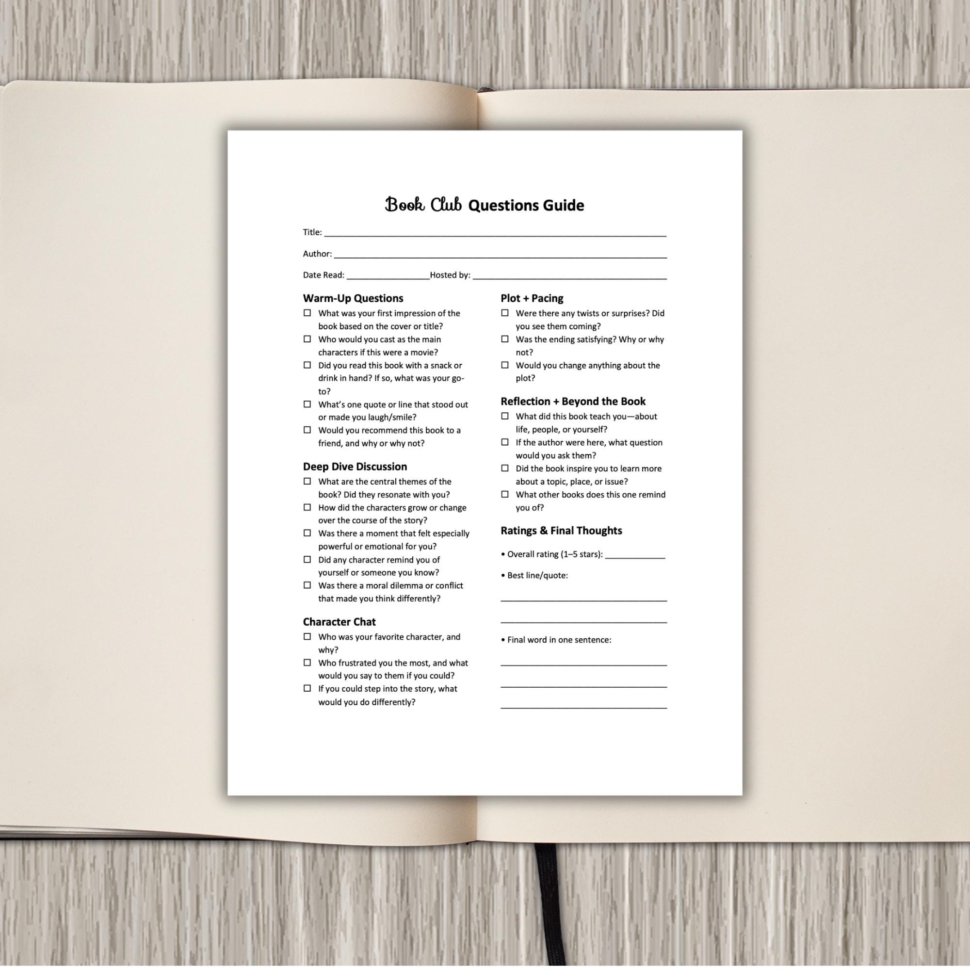 Book Club Discussion Guide Printable PDF, Reading Group Questions PDF ...