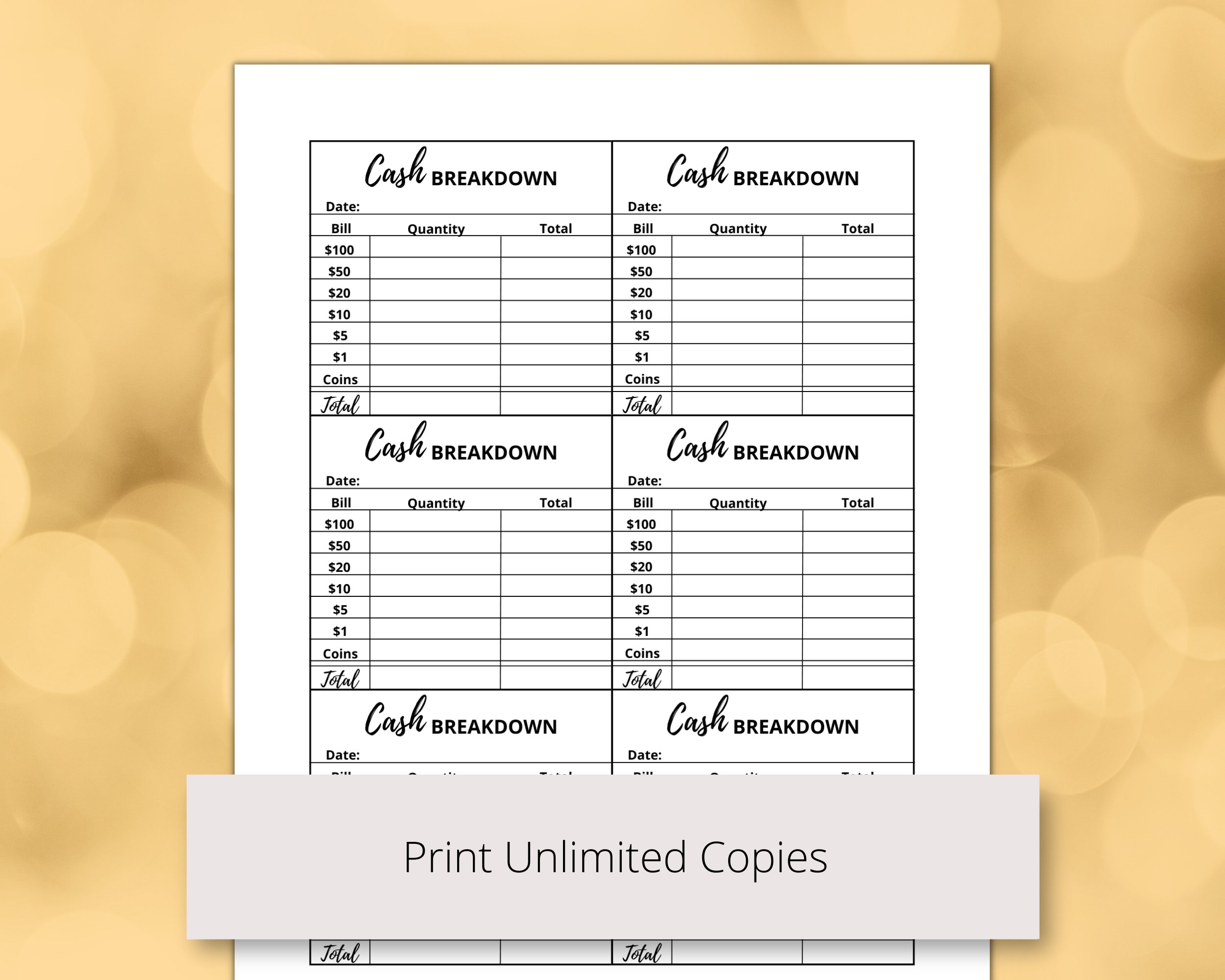 Cash Breakdown Slips Printable PDF, Bank Teller Slips for Cash ...