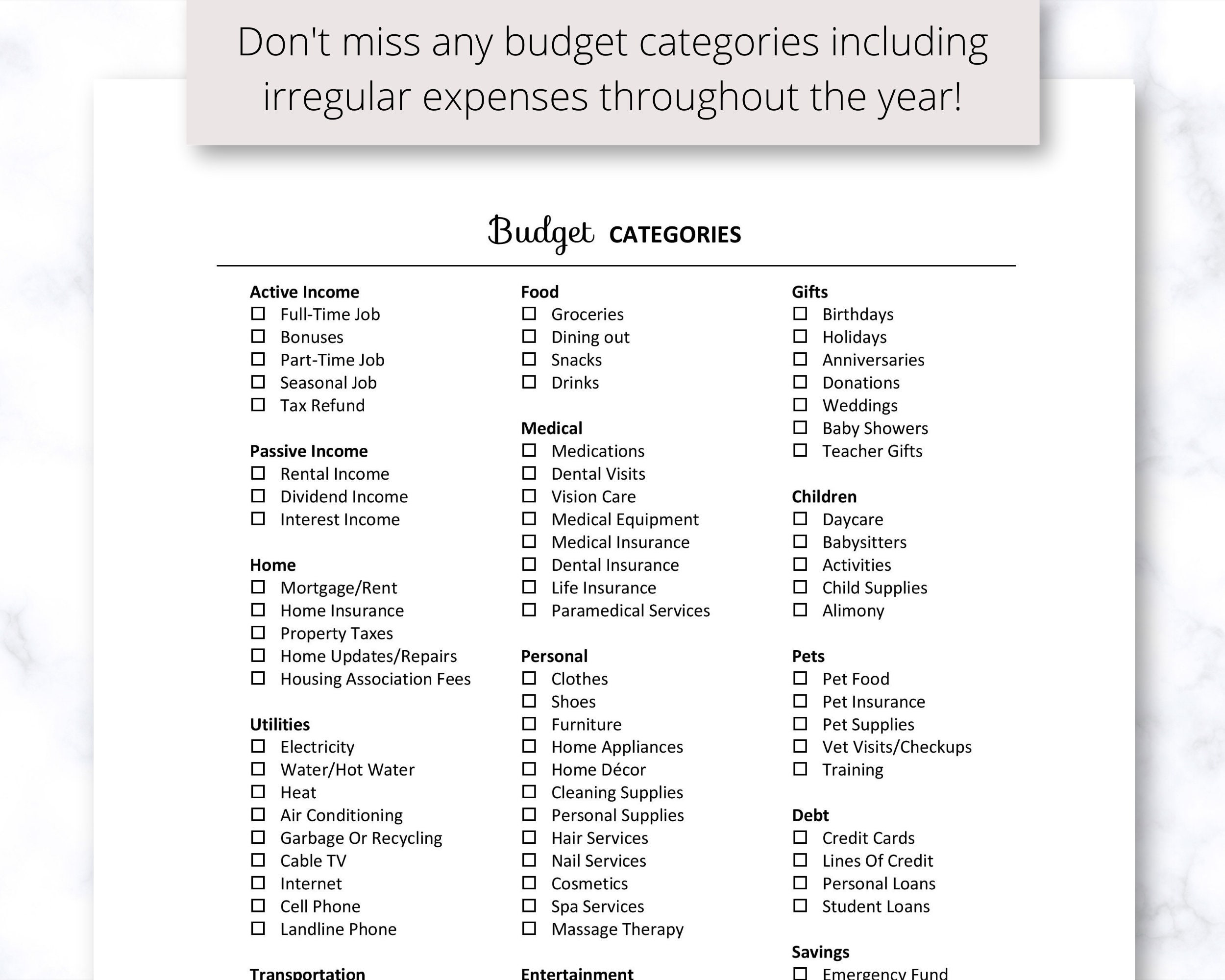 Budget Categories Checklist, Budgeting Categories, Expense/expensing ...