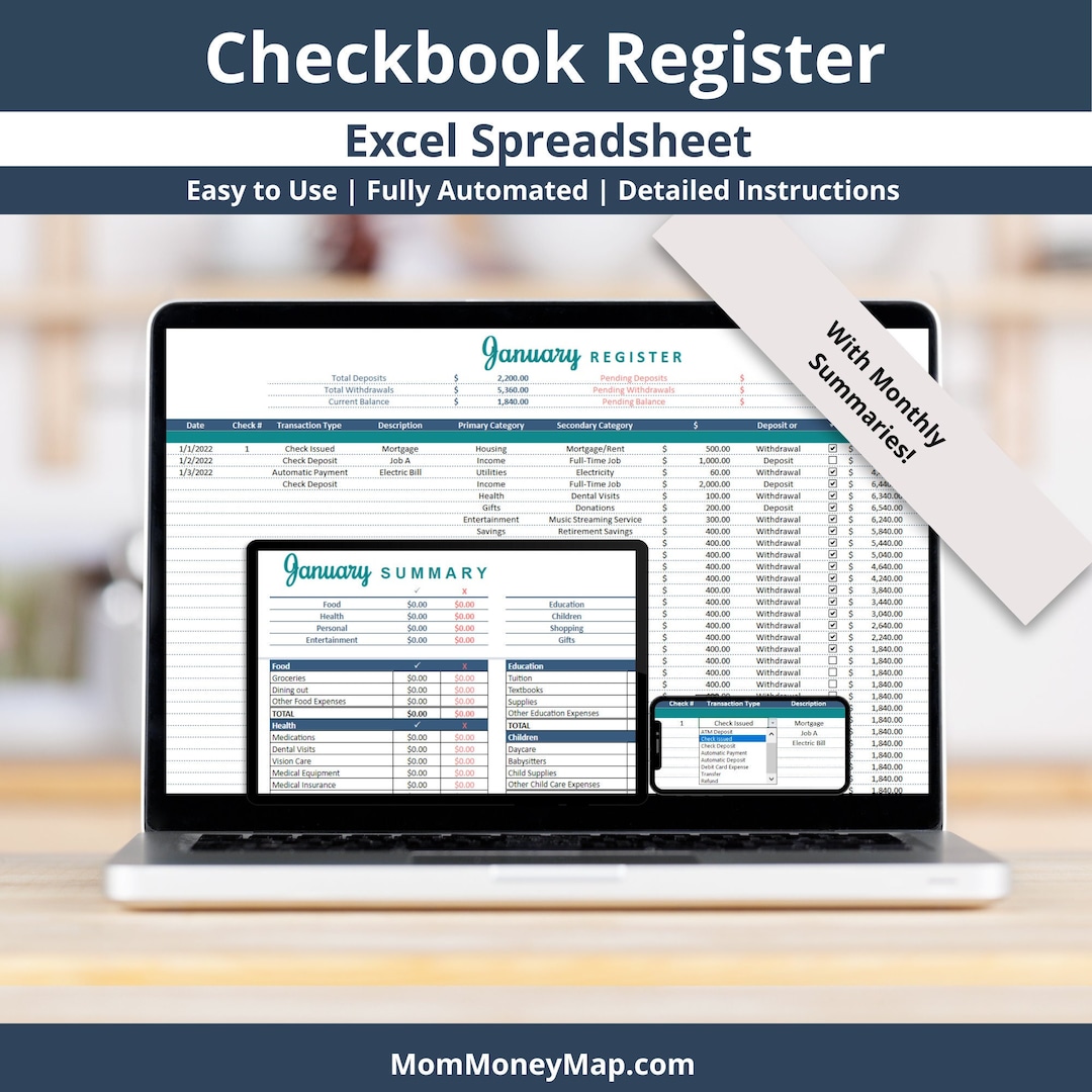 Checkbook Register With Monthly Summaries Excel Spreadsheet Template ...