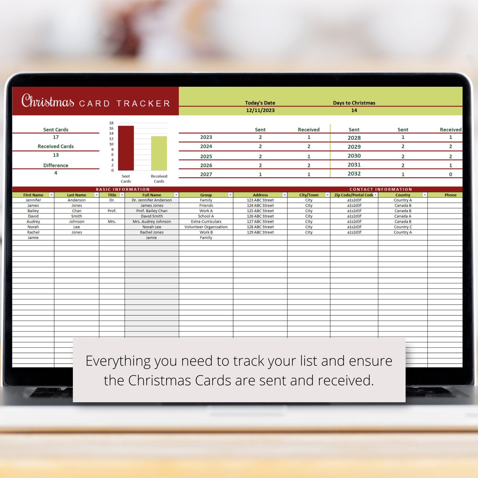Christmas Card Tracker Excel Spreadsheet Template, Xmas Card Address ...