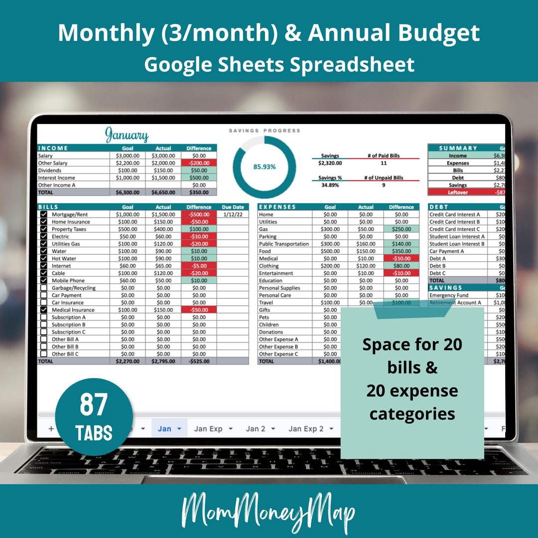 3 Monthly Budget Google Sheets Spreadsheets Planner Template, Plan and ...