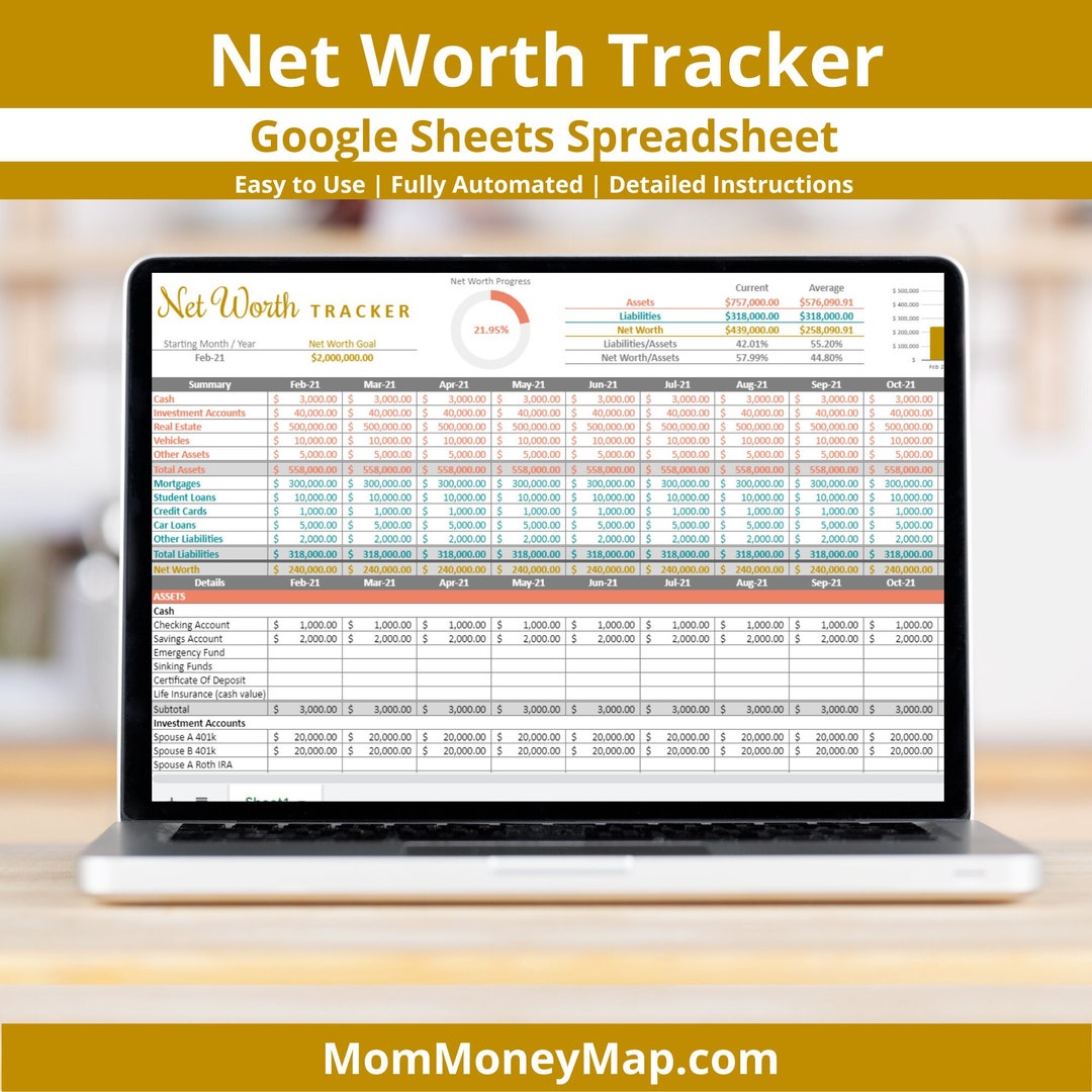 Net Worth Tracker Google Sheets Spreadsheet | Track Your Assets Over ...