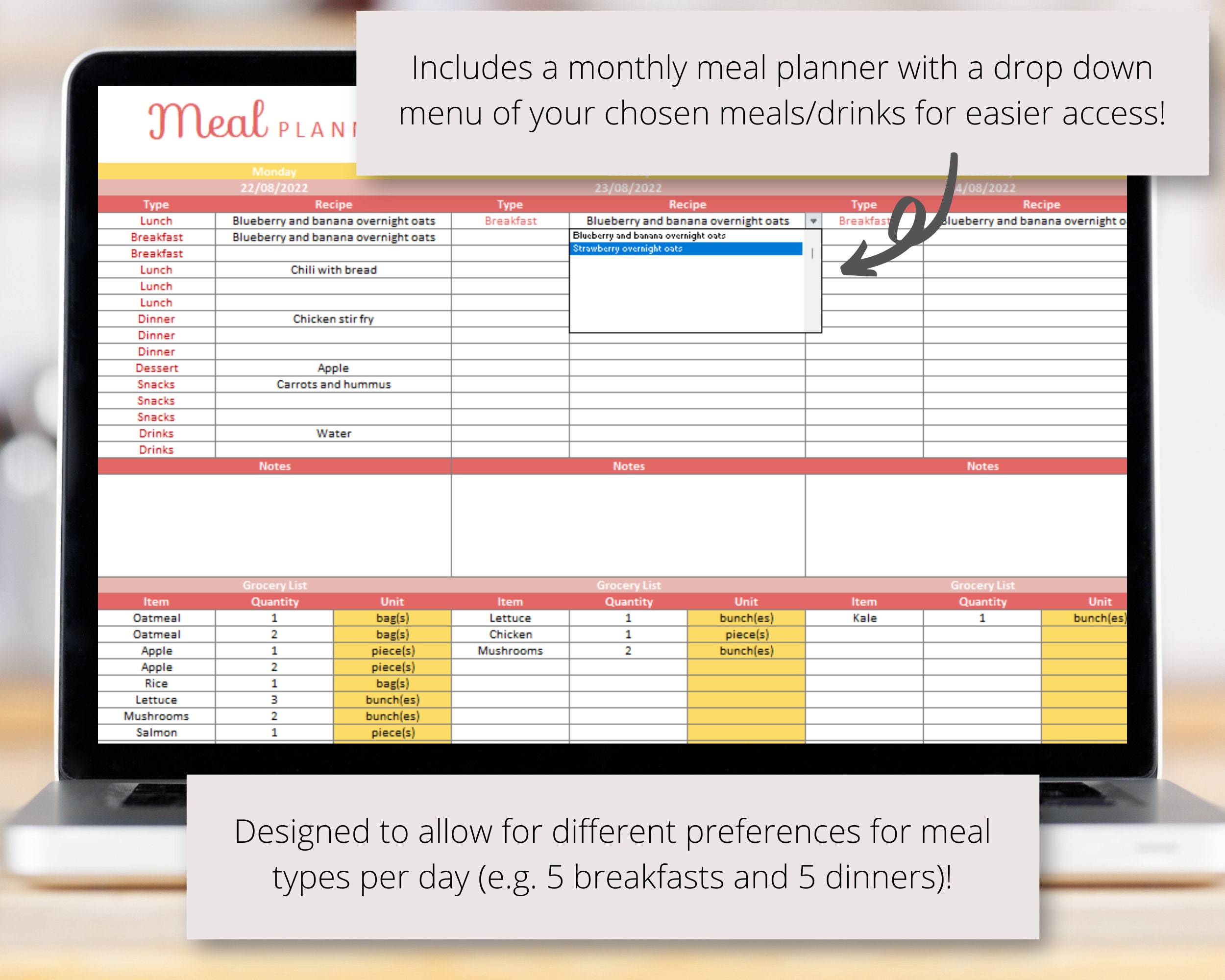Meal Prep Planner With Menu, Grocery List for Weekly, Daily Family Meal ...