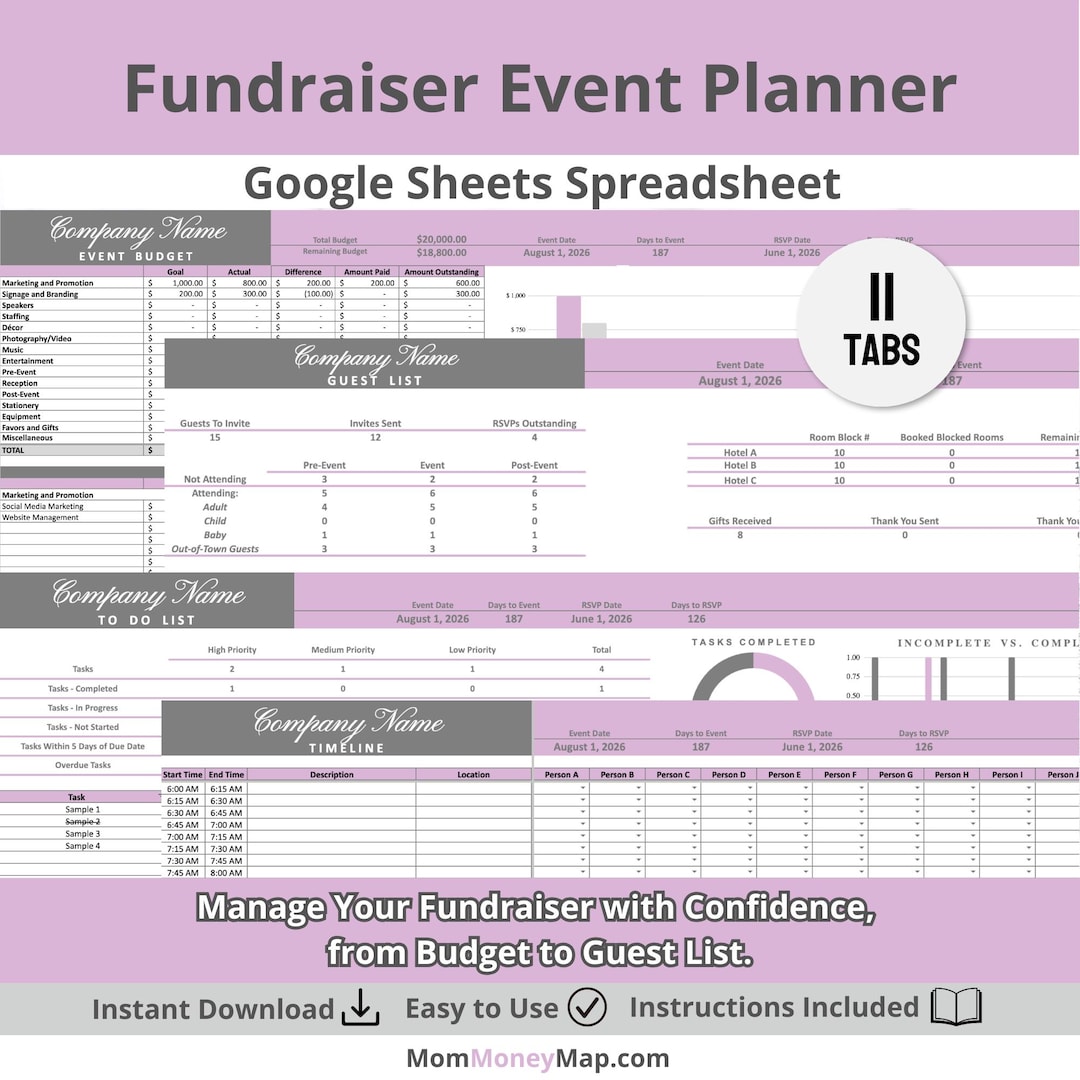 Fundraiser Event Planner Google Sheets Spreadsheet in Purple, Charity ...