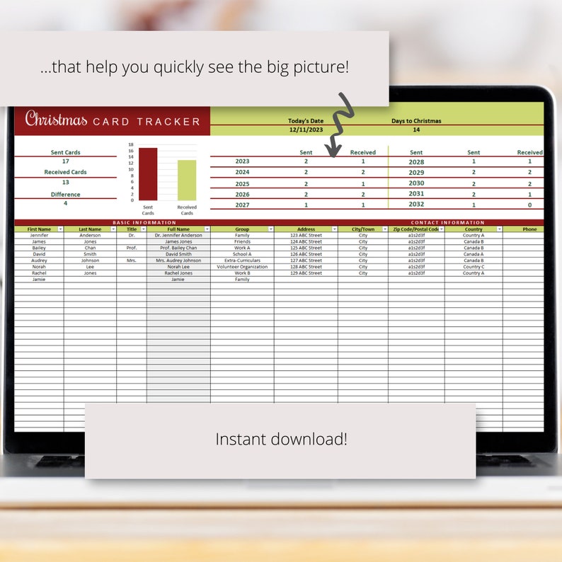 Christmas Card Tracker Excel Spreadsheet Template, Xmas Card Address ...