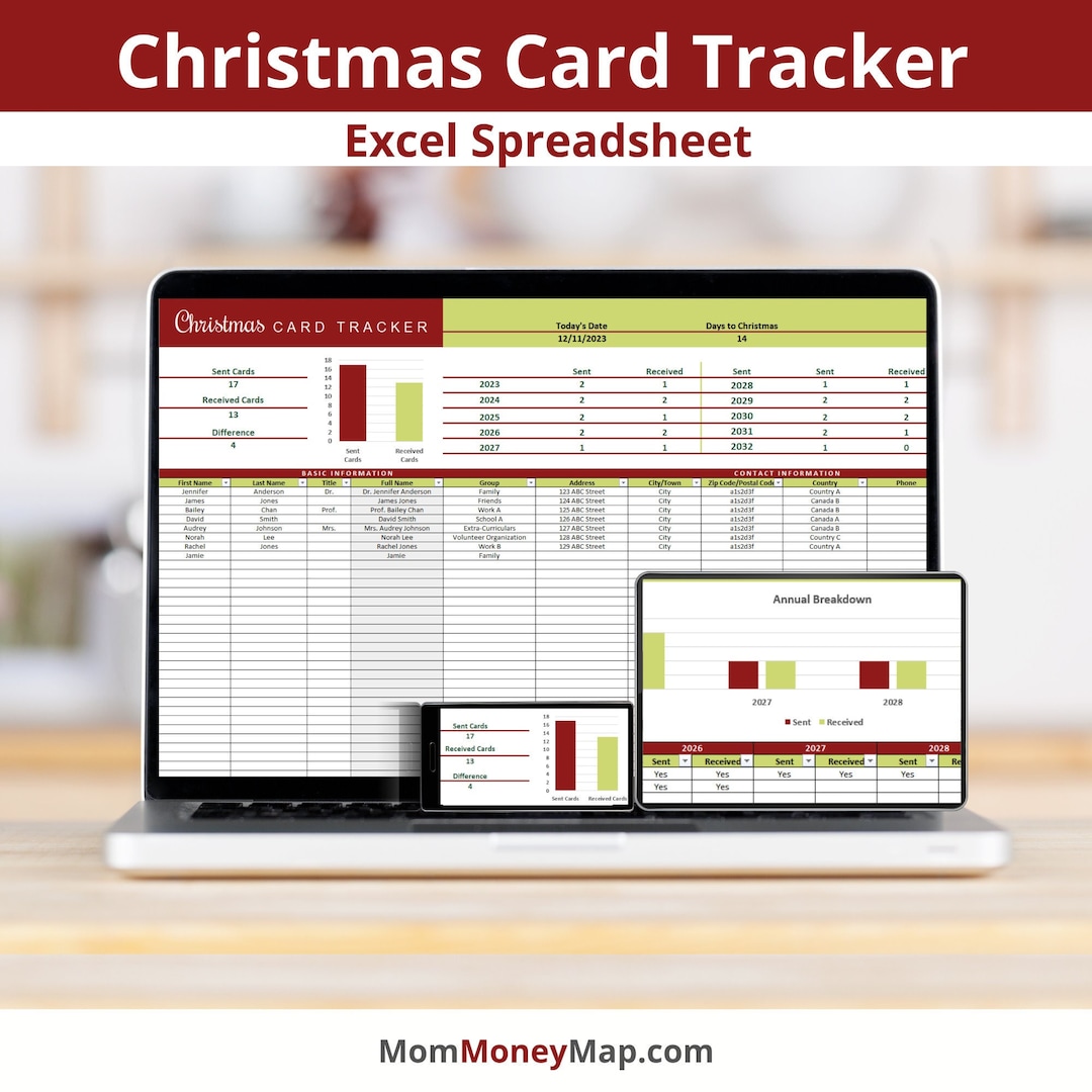Christmas Card Tracker Excel Spreadsheet Template, Xmas Card Address ...