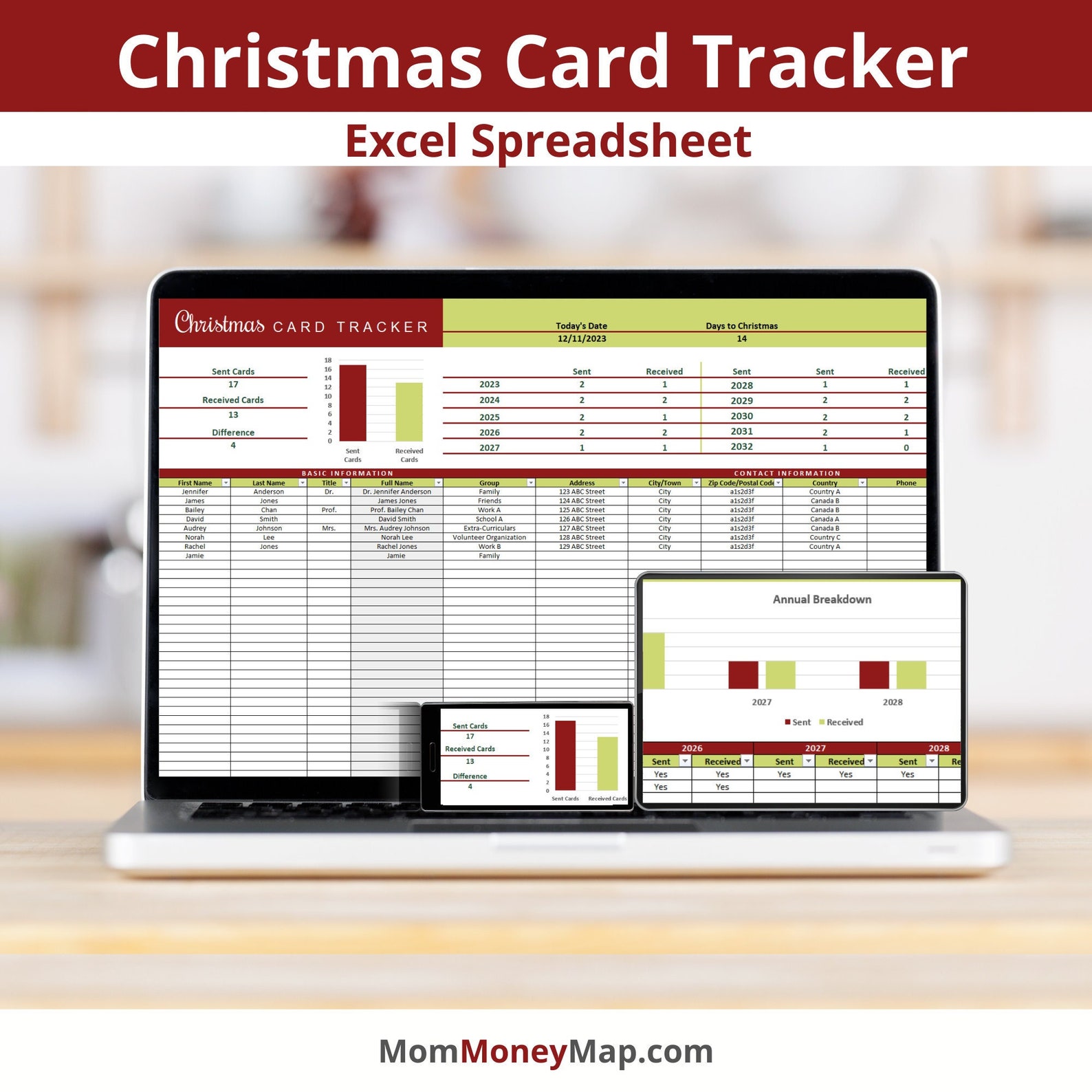 Christmas Card Tracker Excel Spreadsheet Template, Xmas Card Address ...