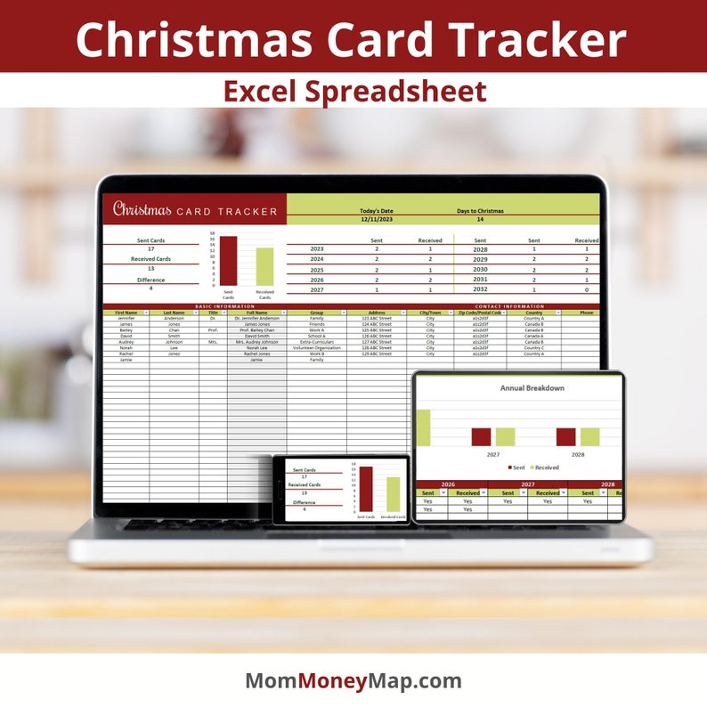 Christmas Card Tracker Excel Spreadsheet Template, Xmas Card Address ...