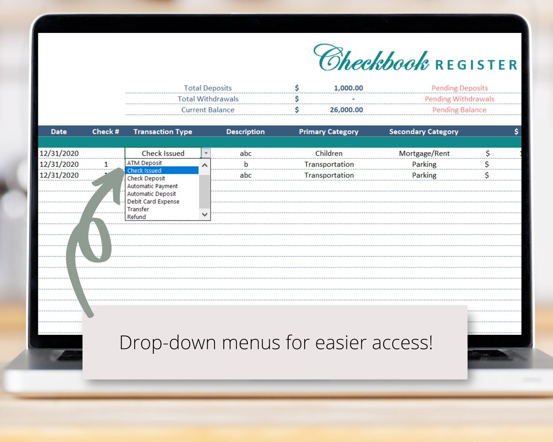 Checkbook Register Excel Spreadsheet Template Track Your - Etsy
