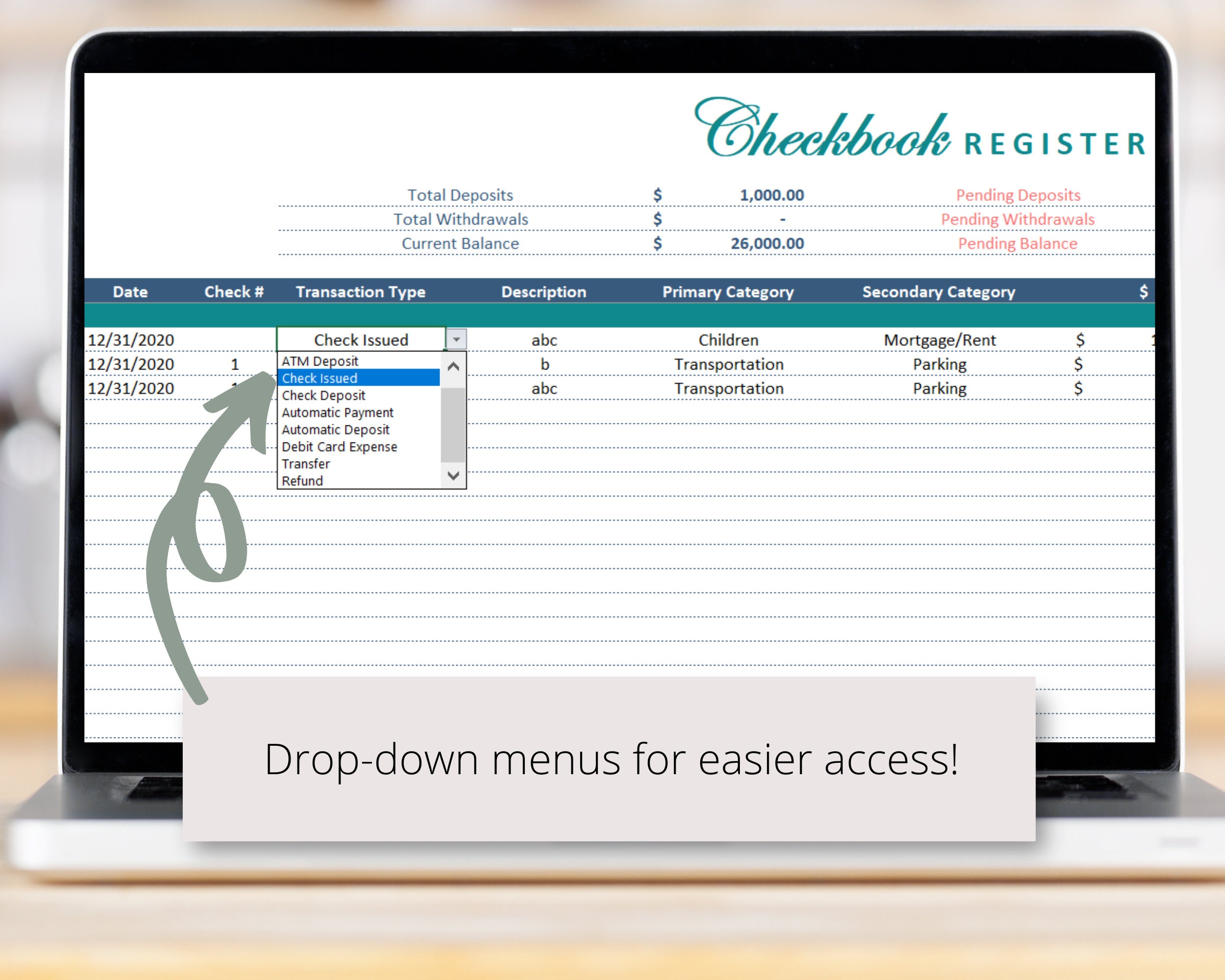 Checkbook Register Excel Spreadsheet Template | Track Your Bank ...