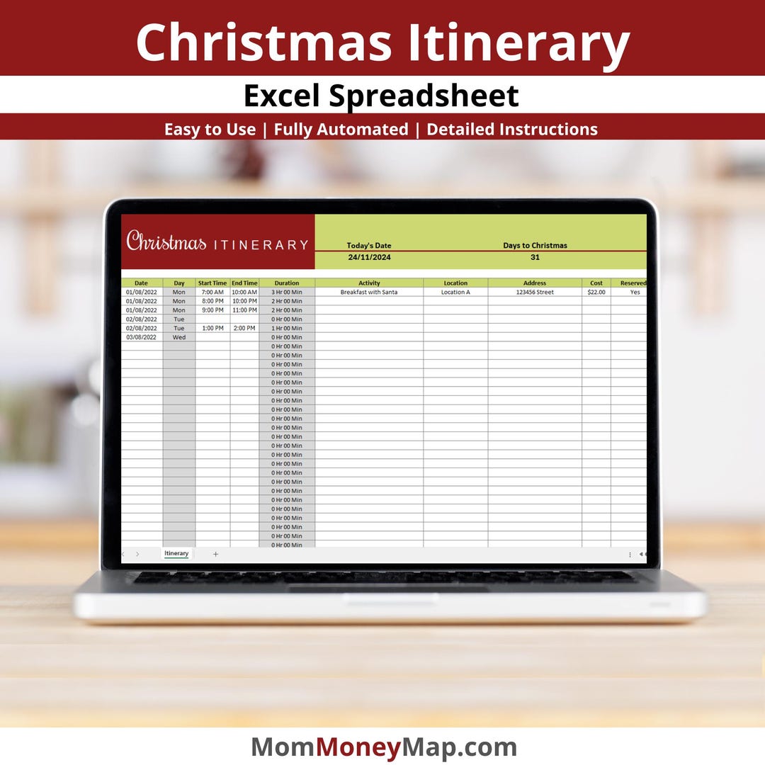 Christmas Itinerary Excel Spreadsheet Template, Christmas Holiday Event ...