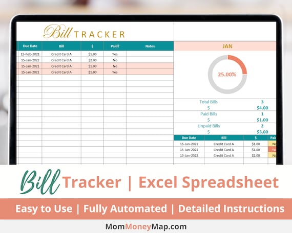 Monthly Bill Tracker Planner Excel Spreadsheet Log and - Etsy