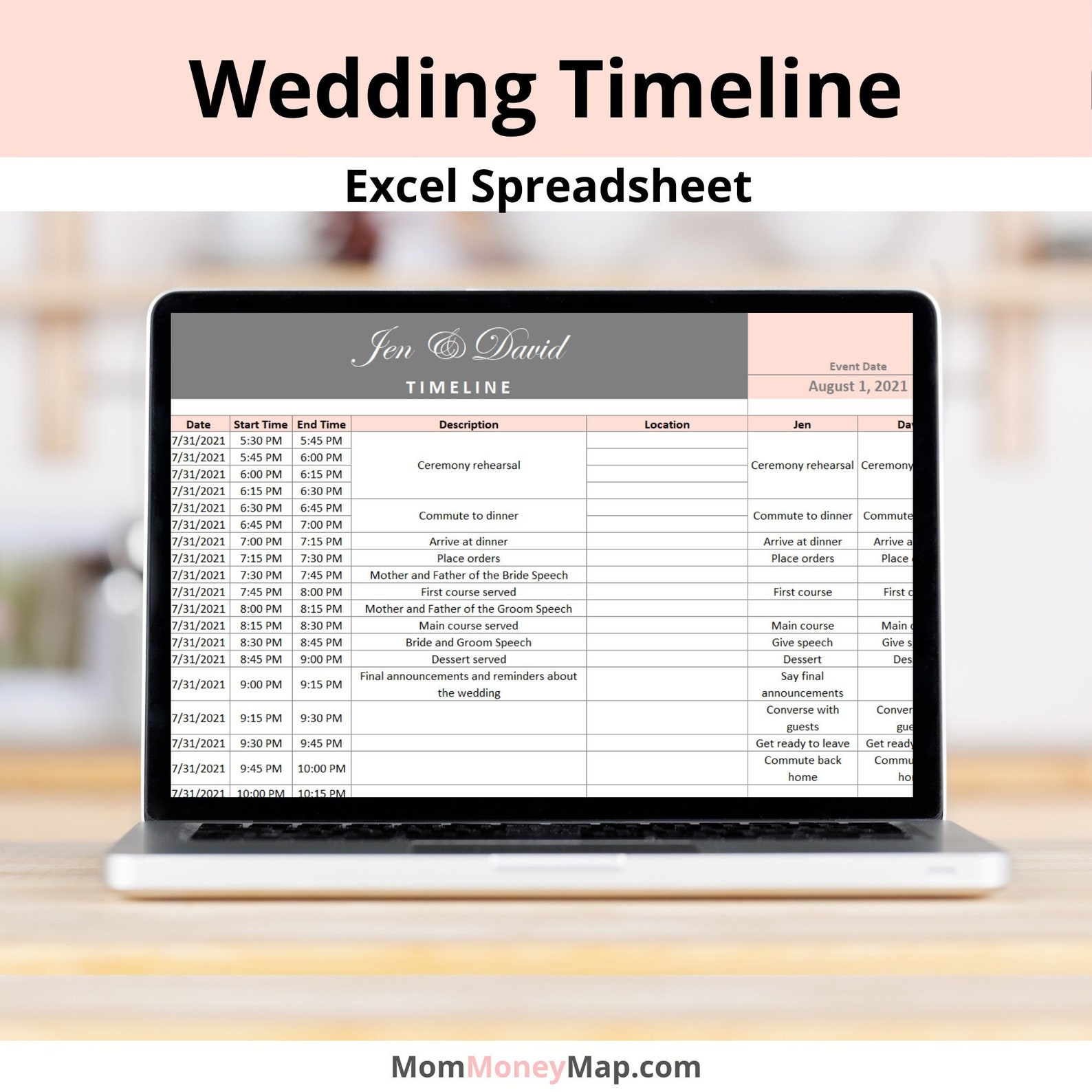 Wedding Event Timeline Excel Spreadsheet | Wedding Itinerary for the ...