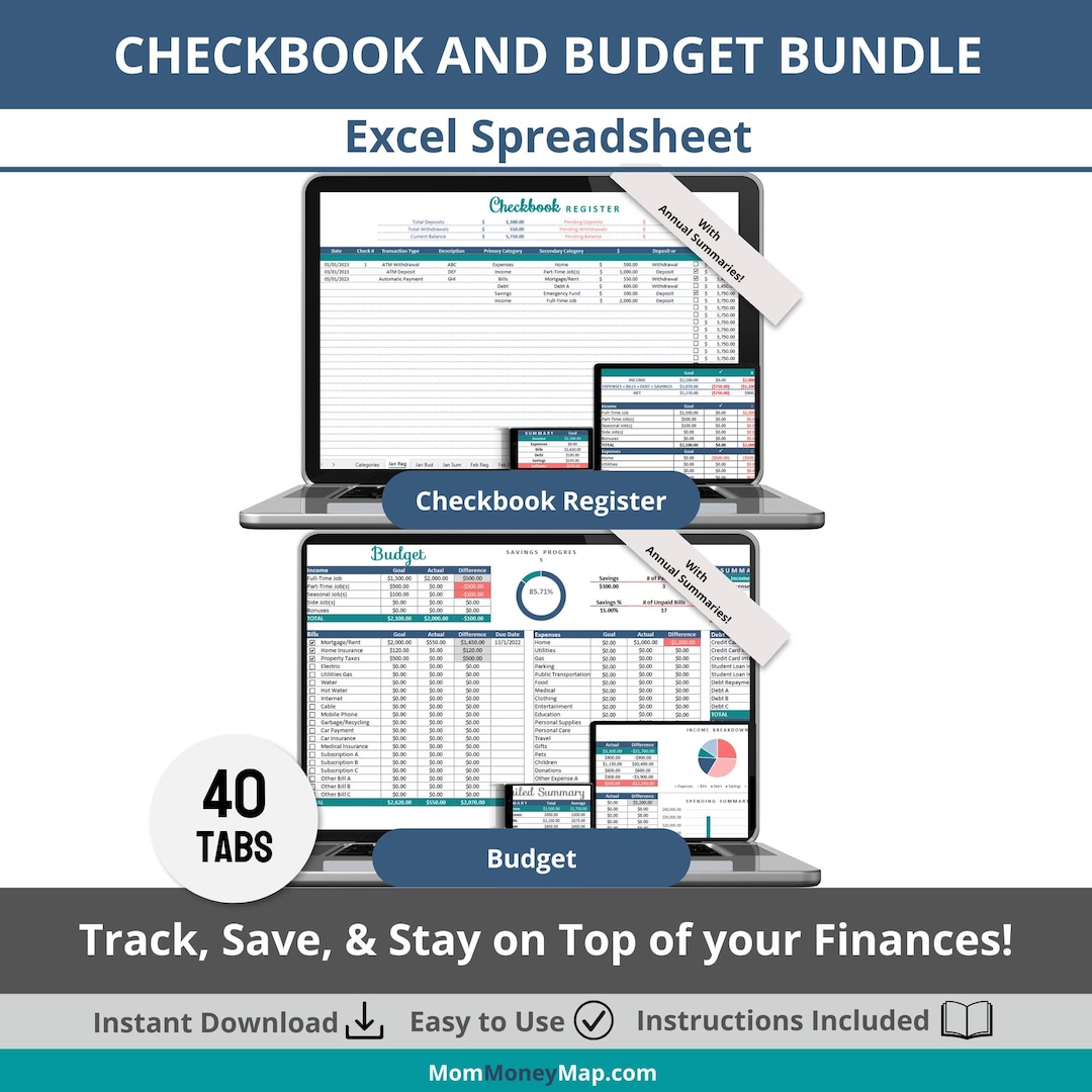 Checkbook Register and Monthly Budget Bundle Excel Spreadsheet With ...