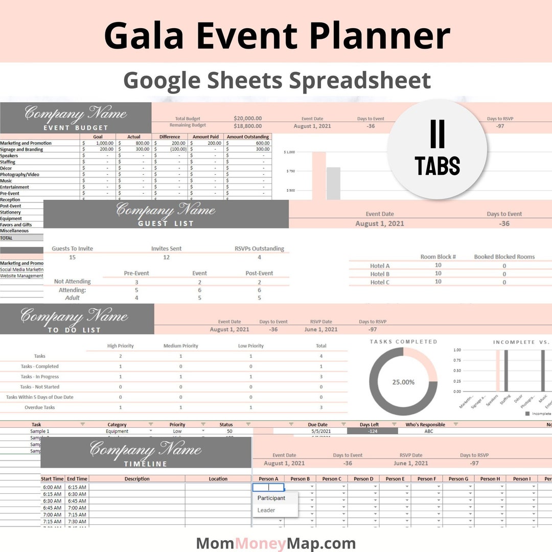 Gala Party Planner Google Sheets Spreadsheet Template for Fundraisers ...