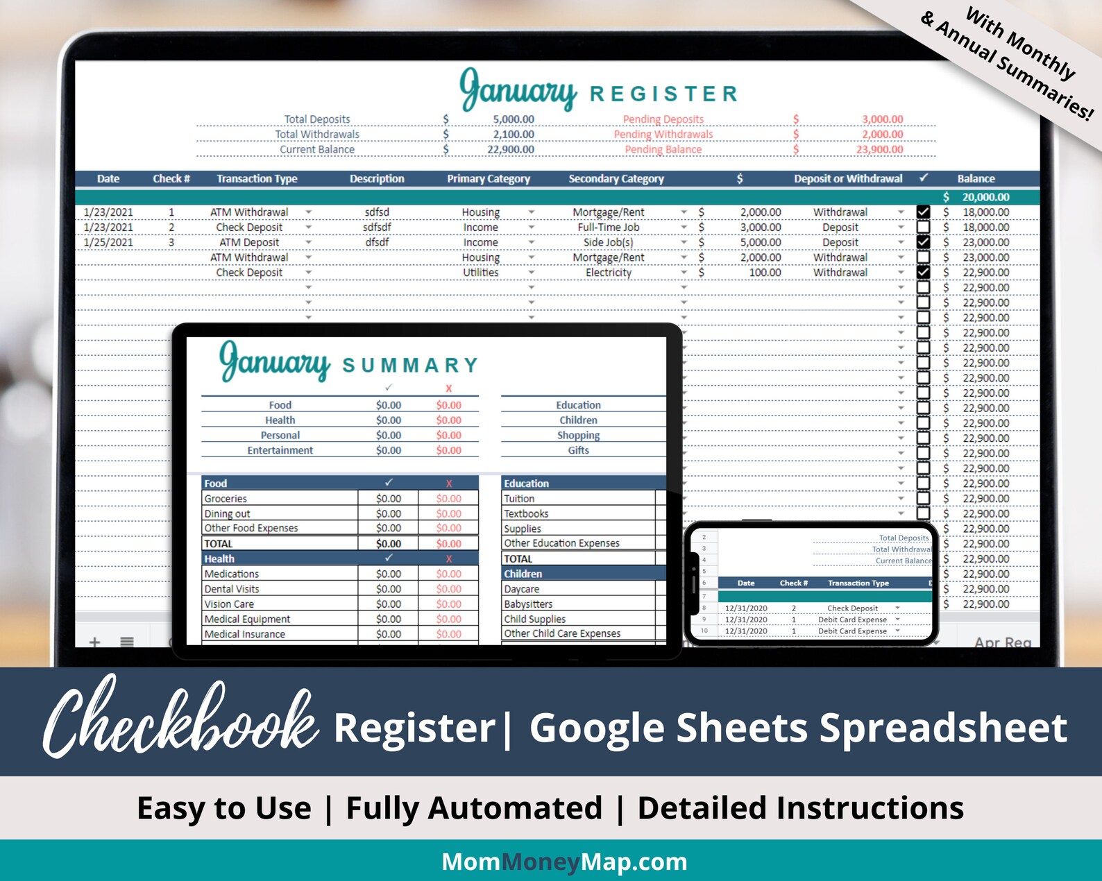 Checkbook Register With Monthly and Annual Summaries Google - Etsy