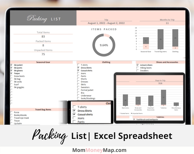 Packing List Excel Spreadsheet Template for Vacation - Etsy