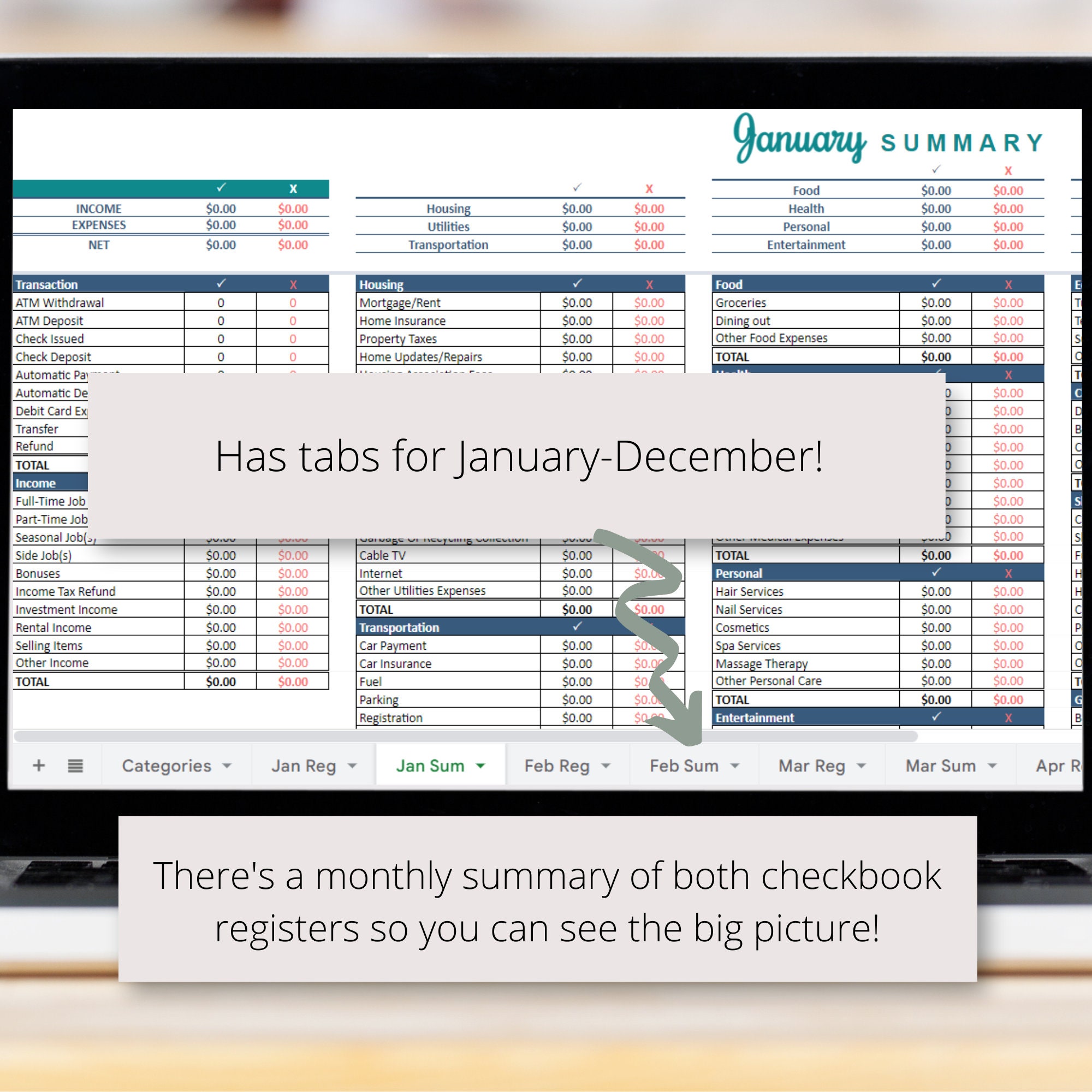 2 Checkbook Registers With Monthly and Annual Summaries Google Sheets ...