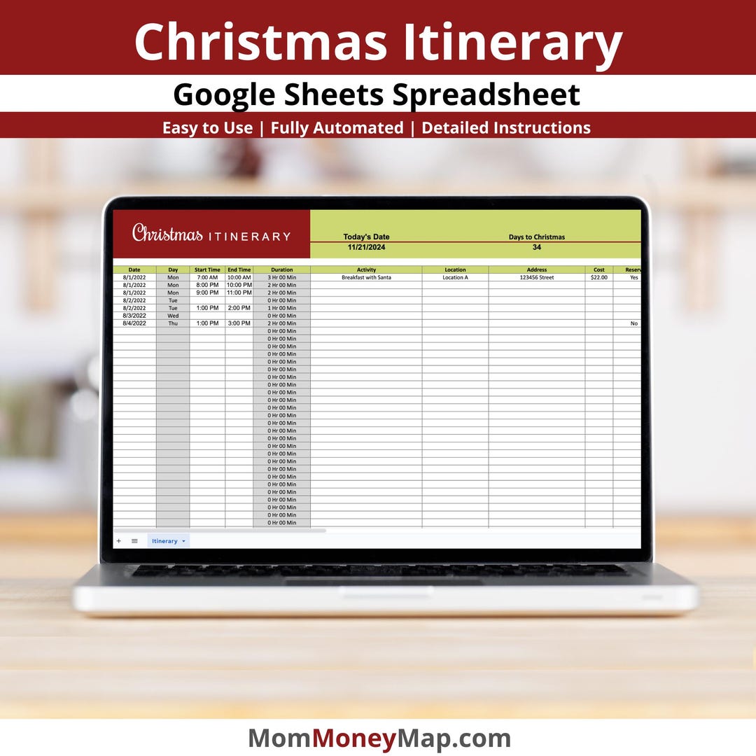 Christmas Itinerary Google Sheets Spreadsheet Template, Christmas ...