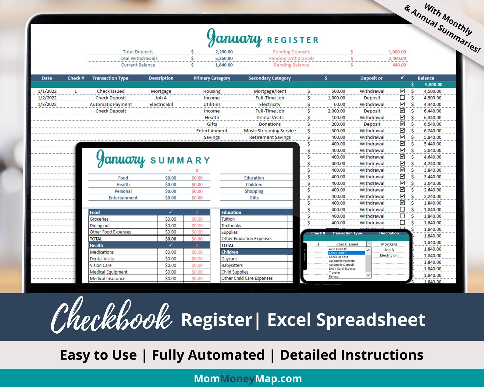 Checkbook Register With Monthly and Annual Summaries Excel - Etsy