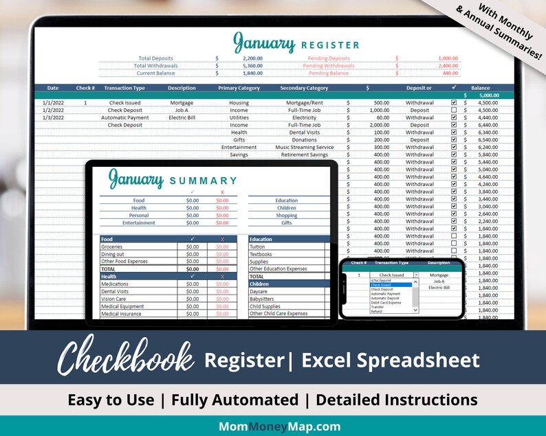 Checkbook Register With Monthly and Annual Summaries Excel - Etsy