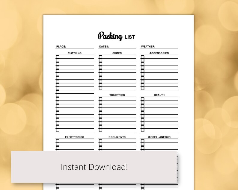 Blank Packing List Printable PDF for Travel Editable Vacation - Etsy