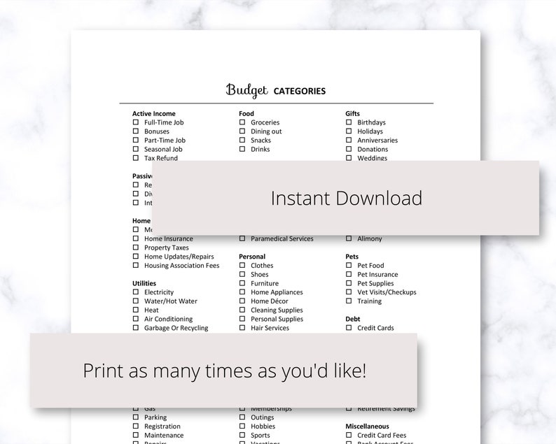 Budget Categories Checklist, Budgeting Categories, Expense/expensing ...