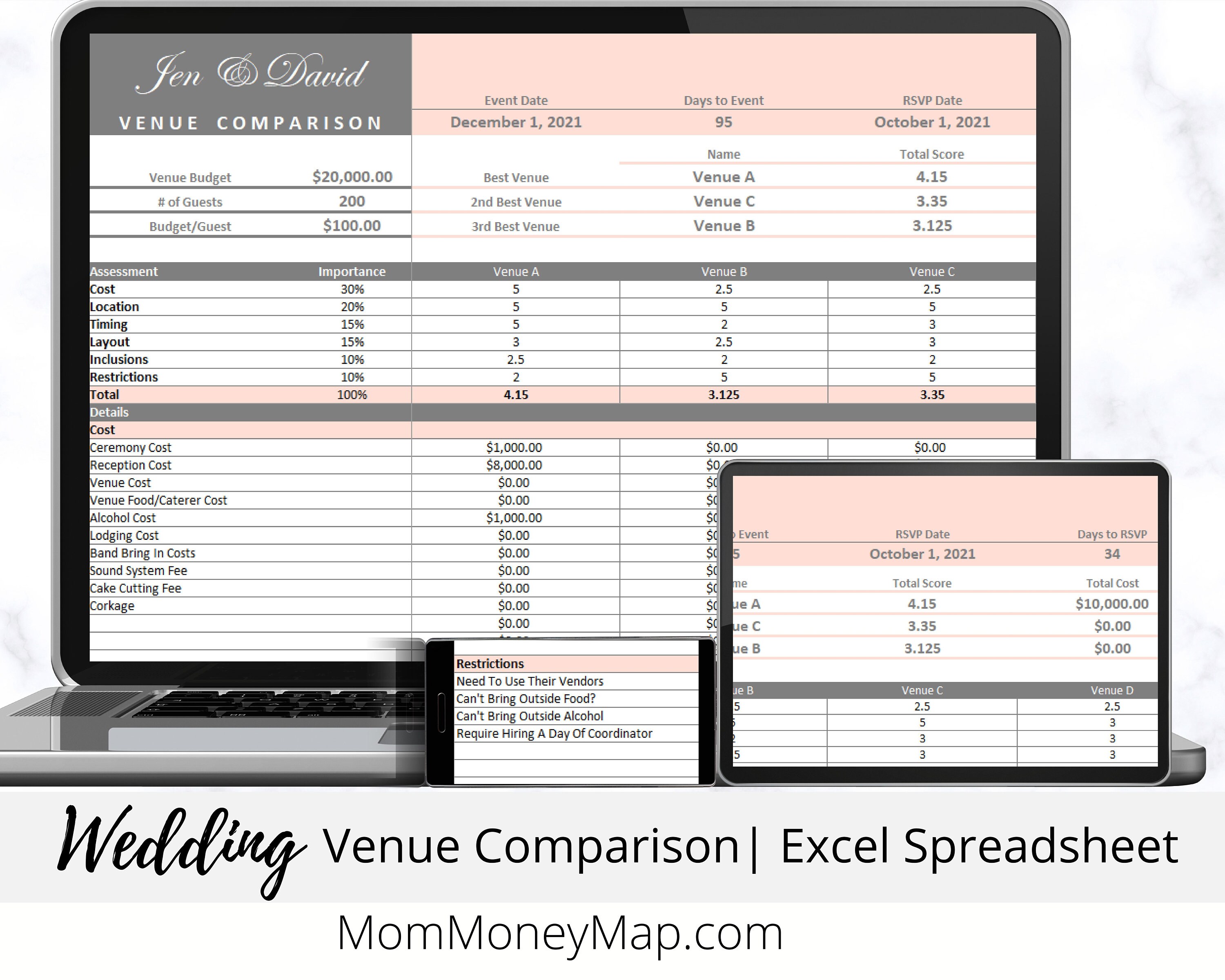 Wedding Venue Comparison Excel Spreadsheet Compare Wedding | Etsy