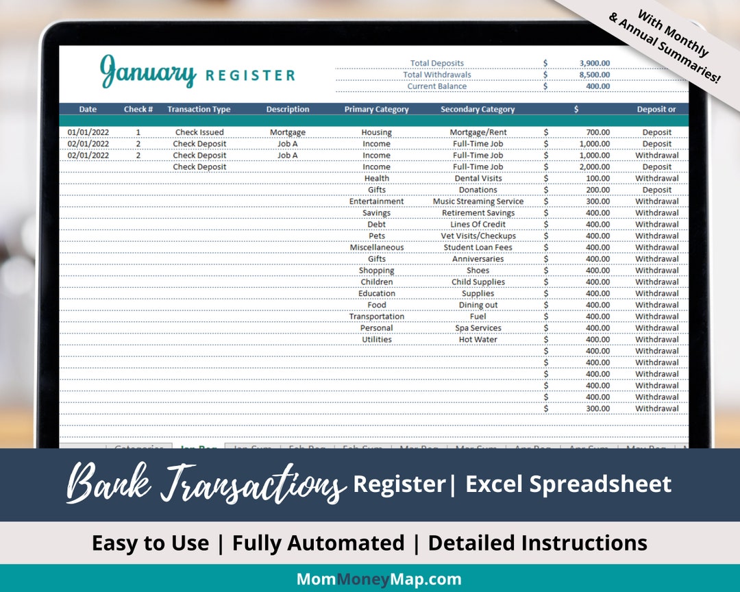 Bank Transactions Register With Monthly & Annual Summaries - Etsy