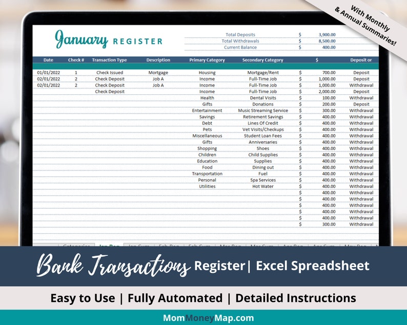 Bank Transactions Register With Monthly & Annual Summaries - Etsy