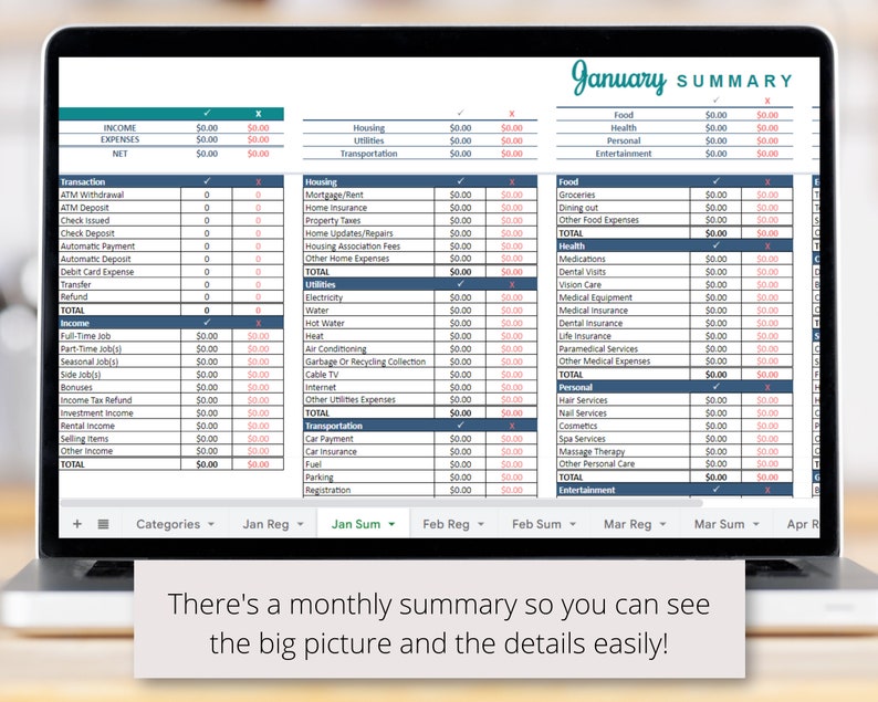 Checkbook Register With Monthly and Annual Summaries Excel Spreadsheet ...