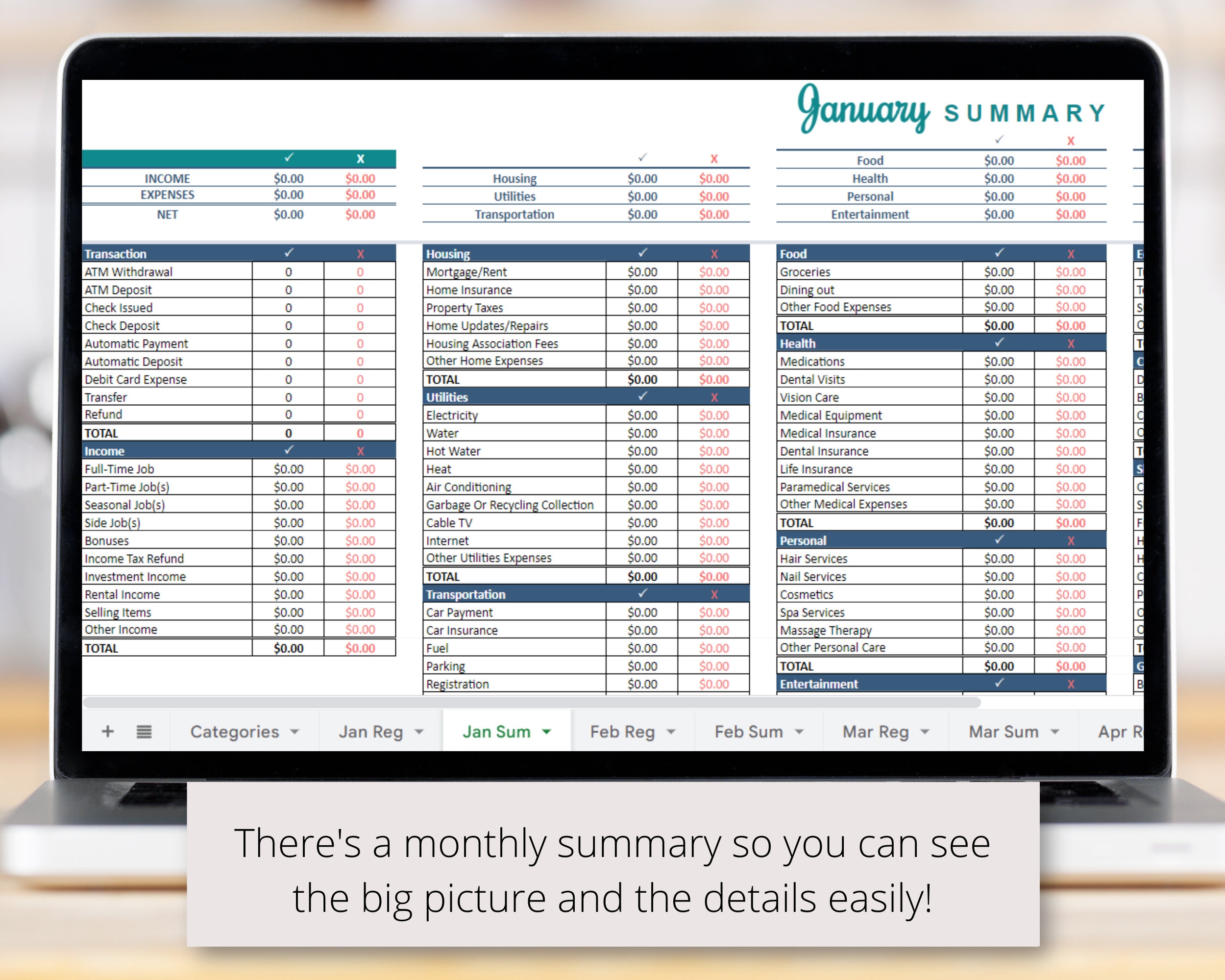 Checkbook Register With Monthly and Annual Summaries Excel Spreadsheet ...