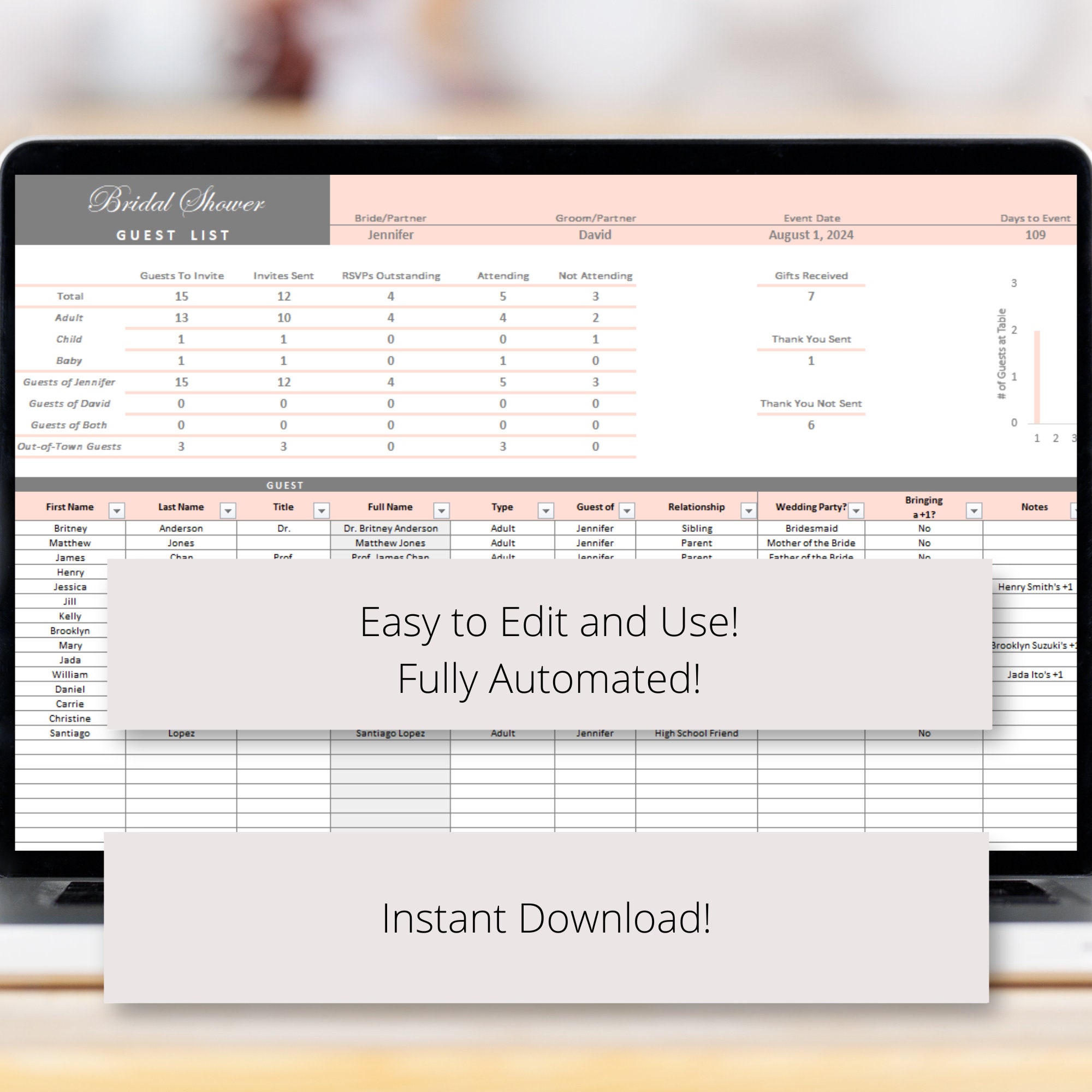 Bridal Shower Guest List Excel Spreadsheet Template, Engagement Party ...