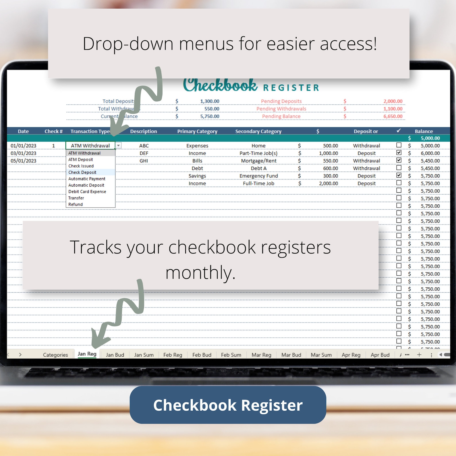 Checkbook Register and Monthly Budget Bundle Excel Spreadsheet With ...