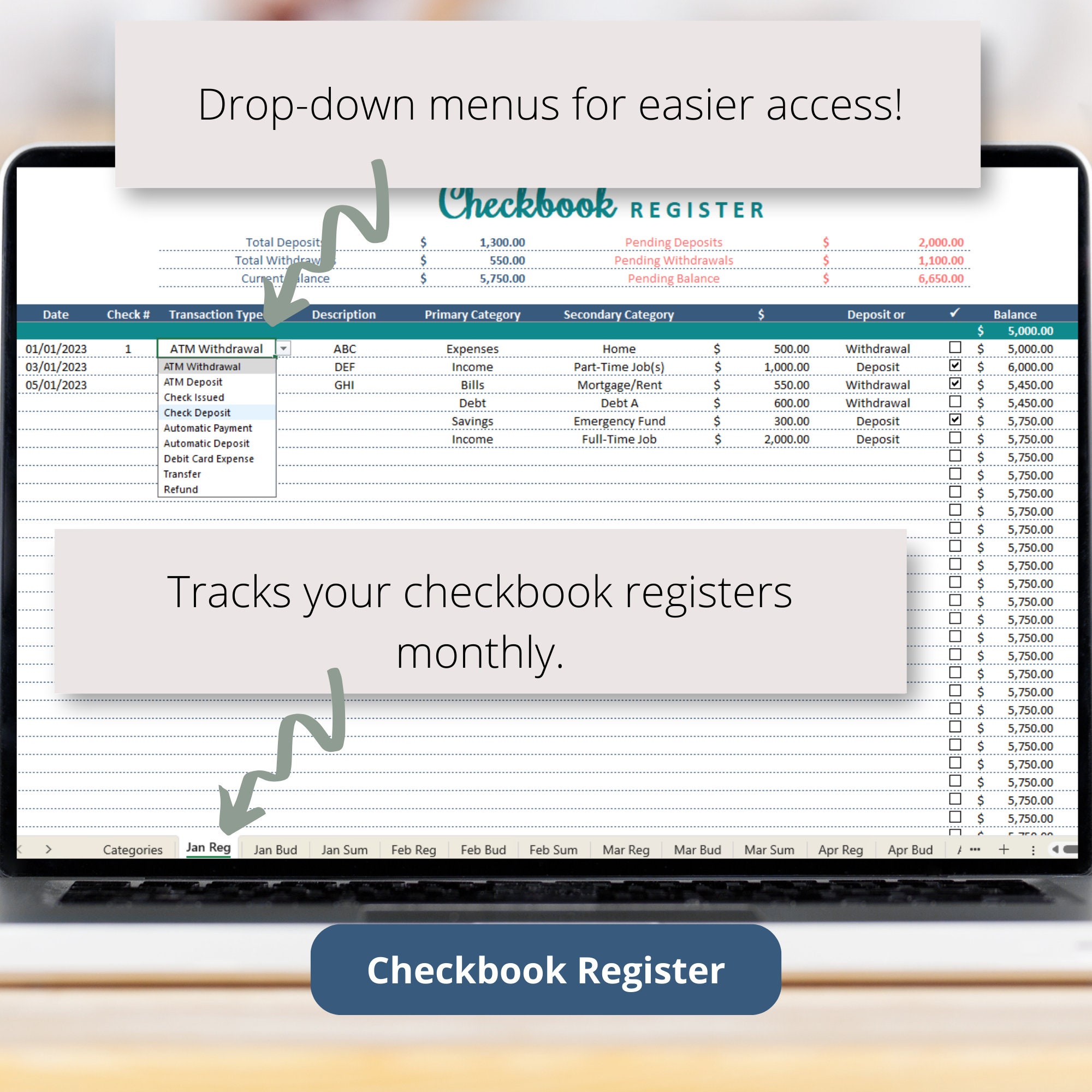 Checkbook Register and Monthly Budget Bundle Excel Spreadsheet With ...