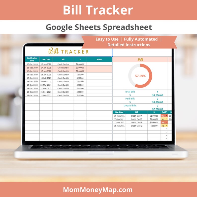 Bill Tracker Google Sheet Spreadsheet | Monthly Bill Due Date Tracker ...