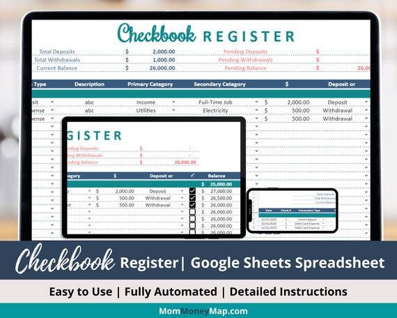 Checkbook Register Google Sheets Spreadsheet Track Your Bank - Etsy