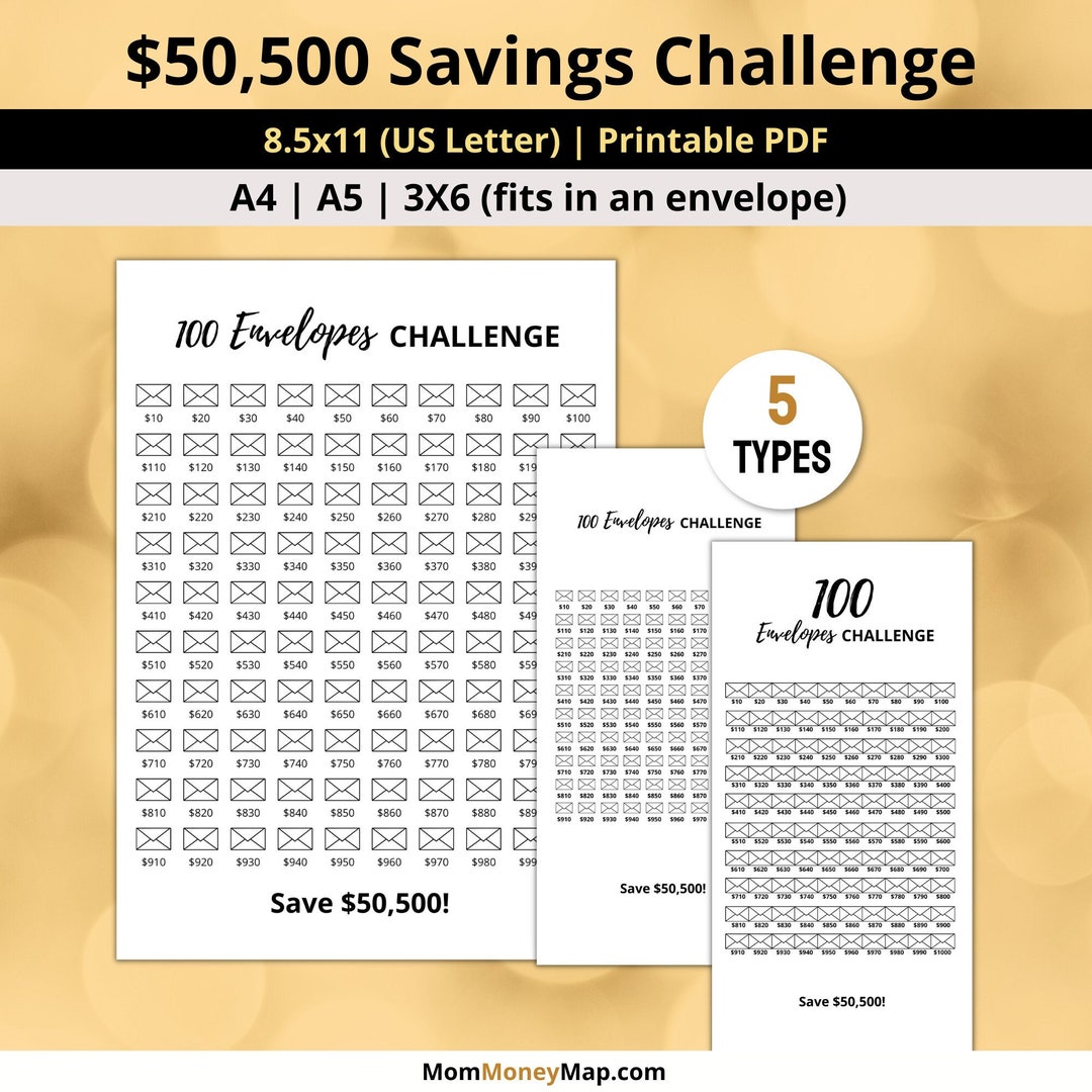 50k Savings Challenge Printable PDF, Save 50000 in 100 Days, 100 Envelope 50k Challenge, Save ...