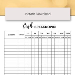 Cash Breakdown Sheet Printable PDF, Money Breakdown Form by ...