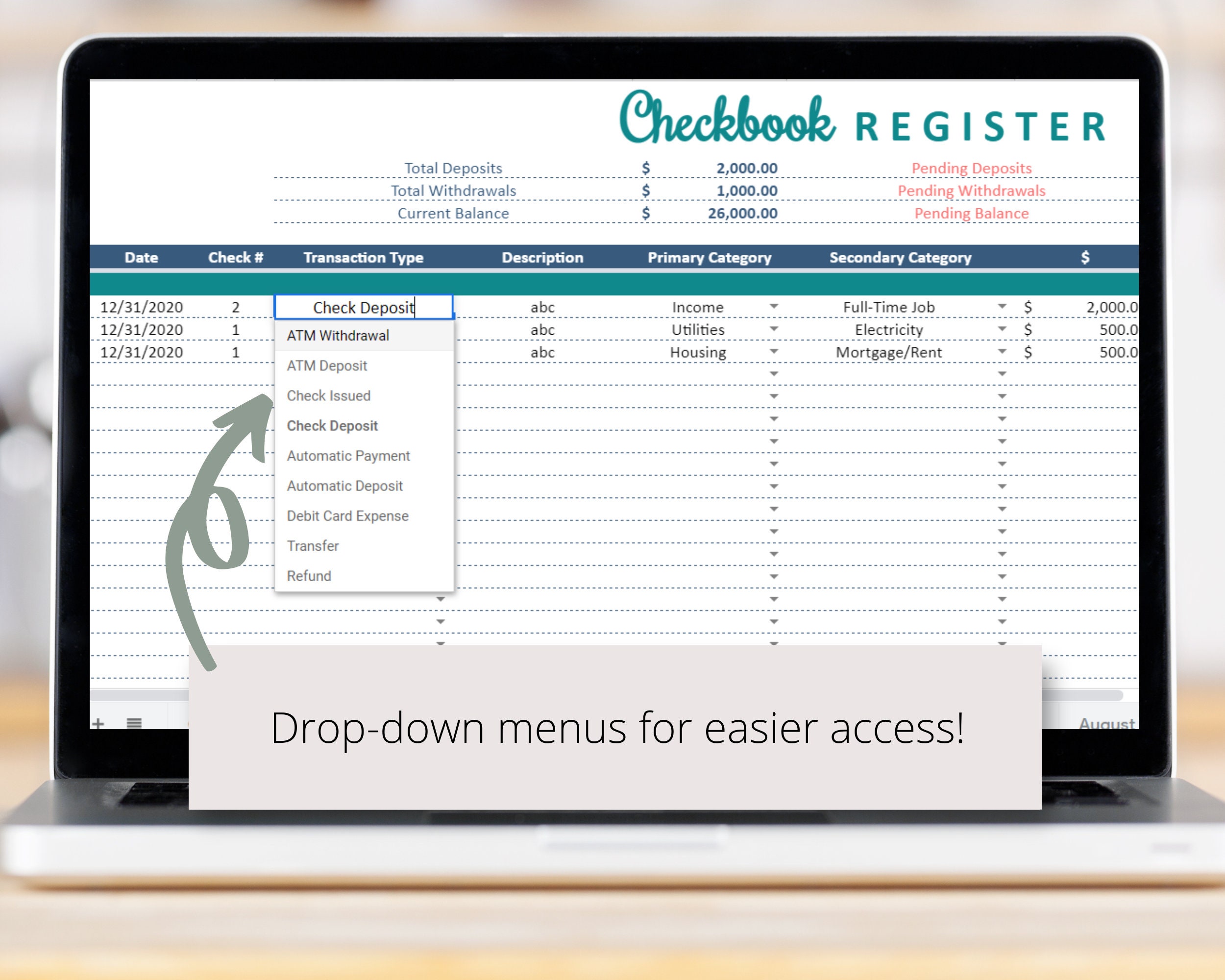 Checkbook Register Google Sheets Spreadsheet | Track Your Bank Accounts ...