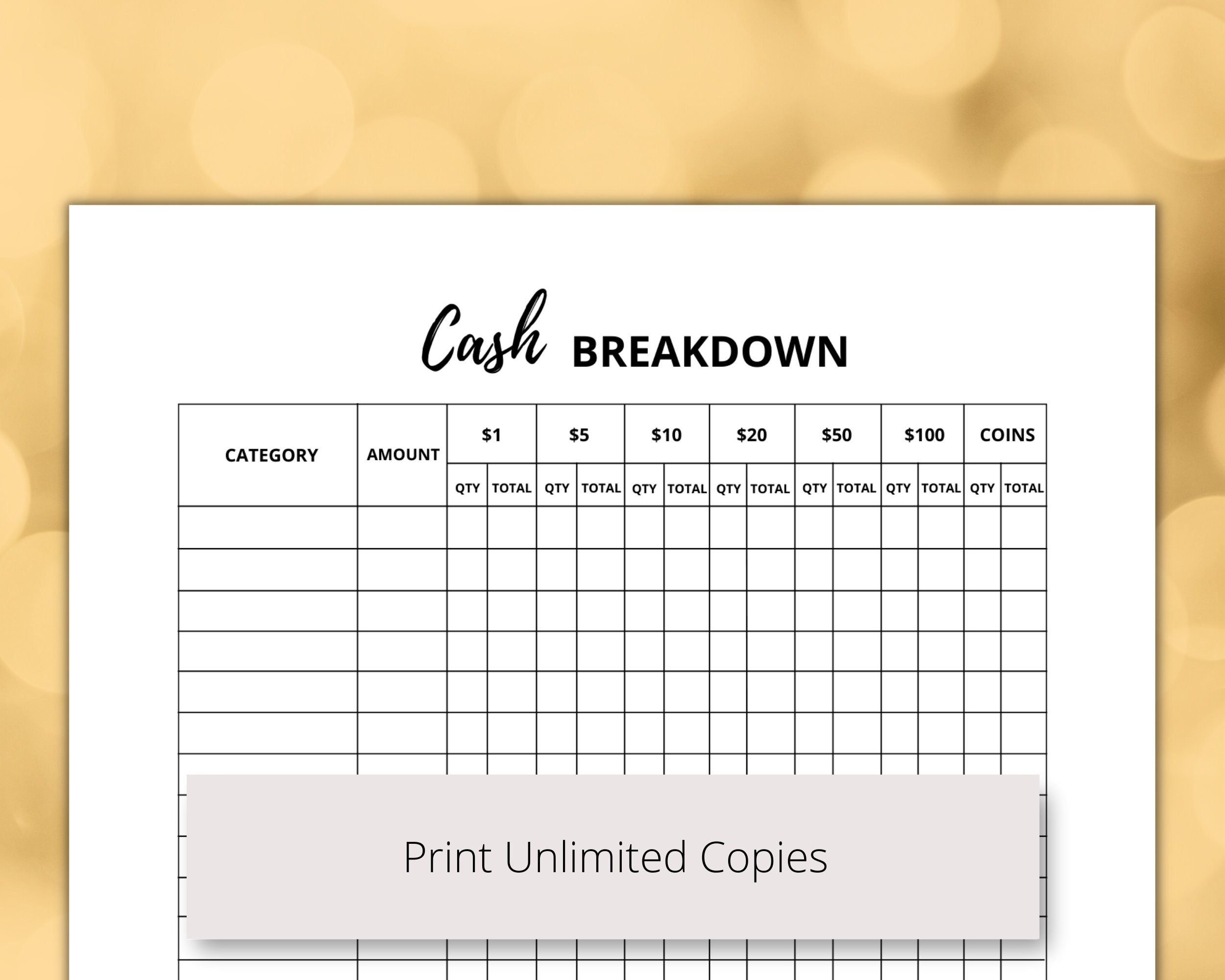 Cash Breakdown Sheet Printable PDF, Money Breakdown Form by ...