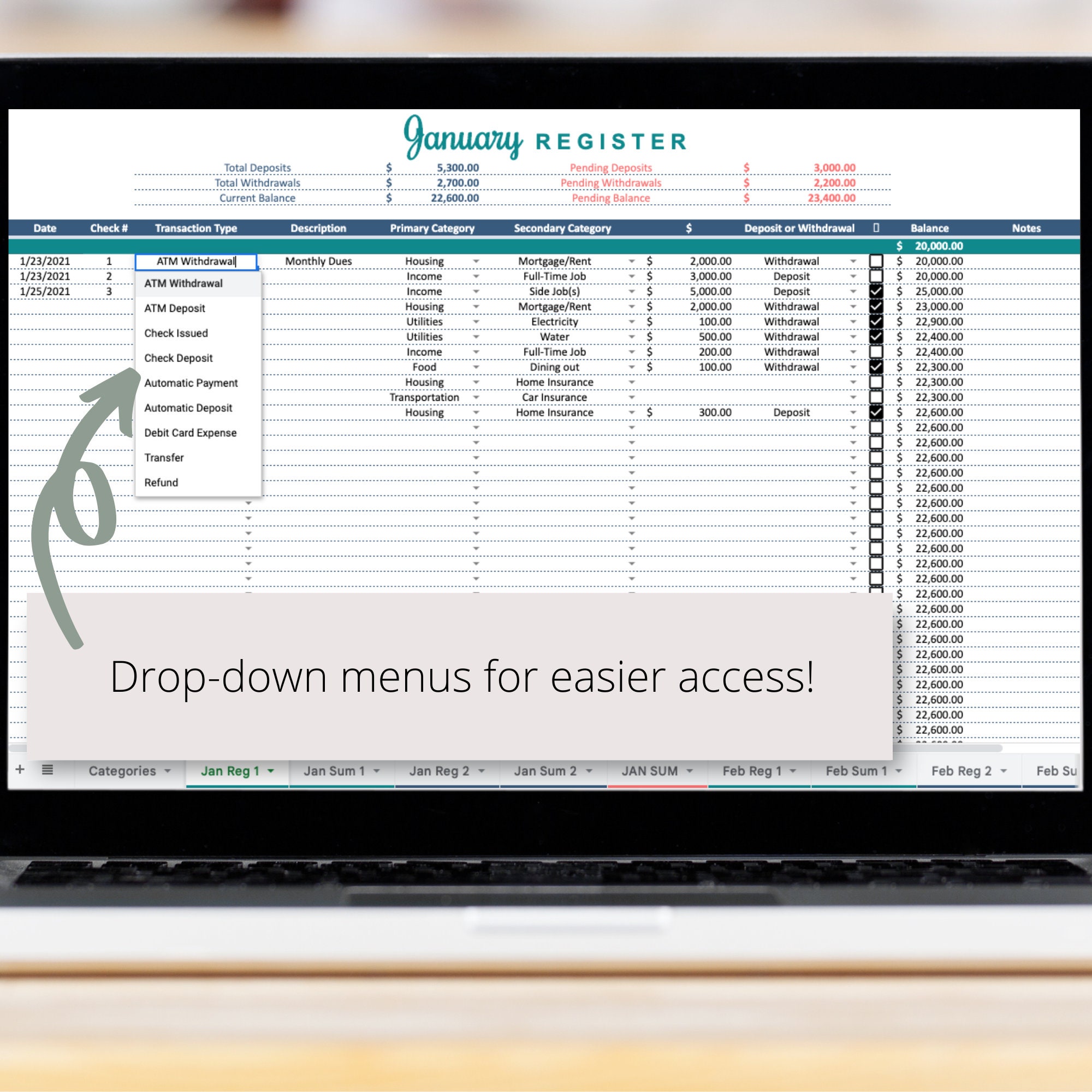 2 Checkbook Registers With Monthly and Annual Summaries Google Sheets ...