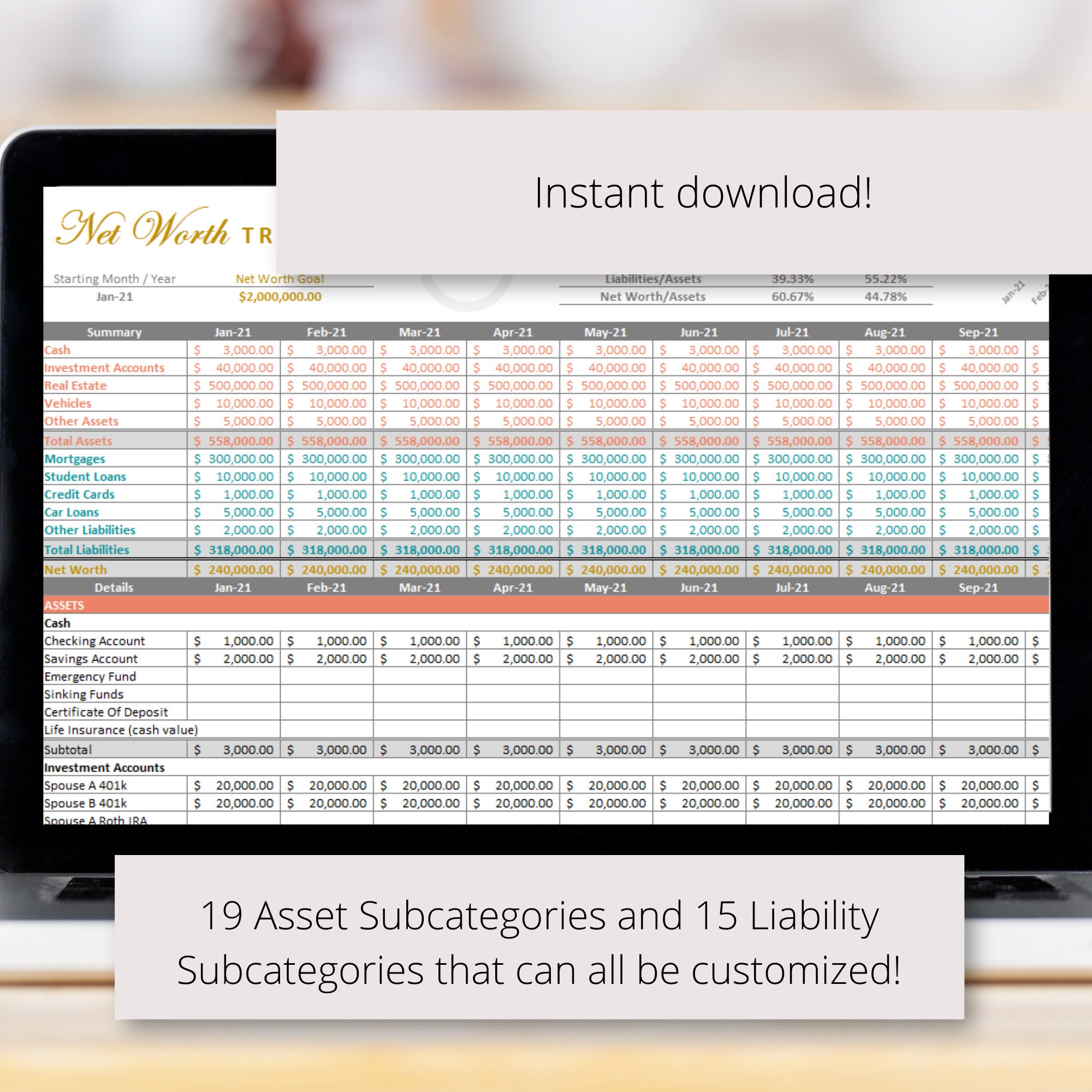 Net Worth Tracker Spreadsheet Template, Financial Net Worth Excel ...