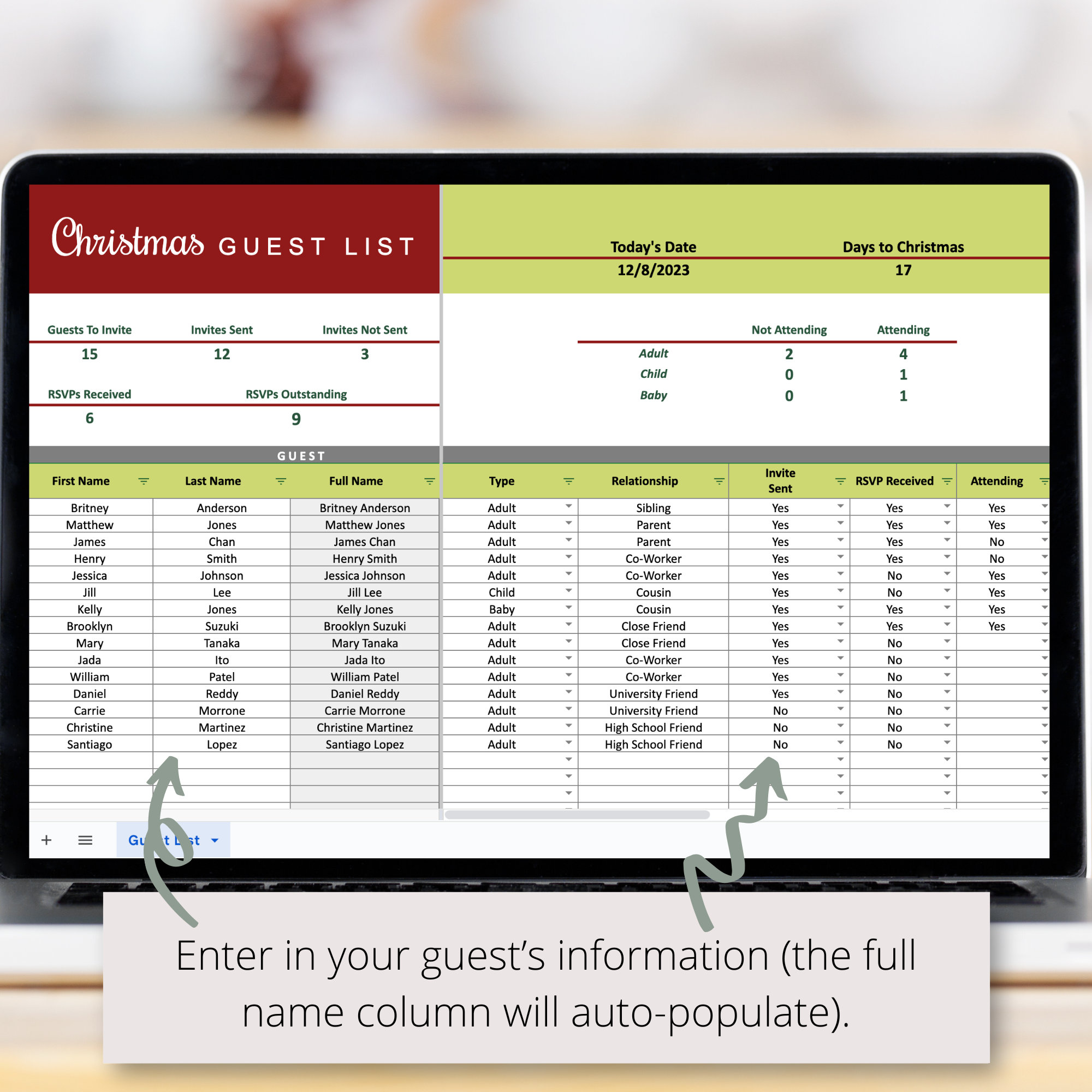 Christmas Party Guest List Tracker Excel Spreadsheet Template, Event ...