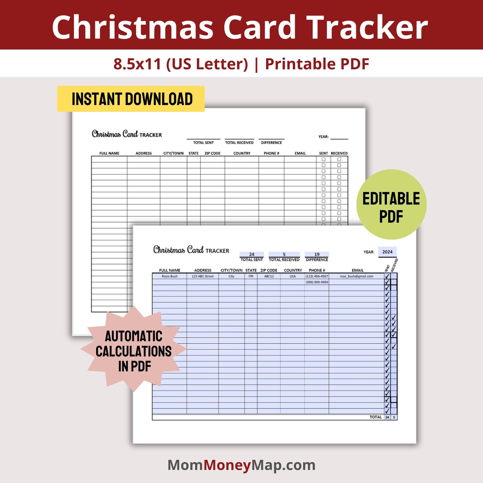 Christmas Card Tracker Printable PDF Template, Holiday Card Tracker ...