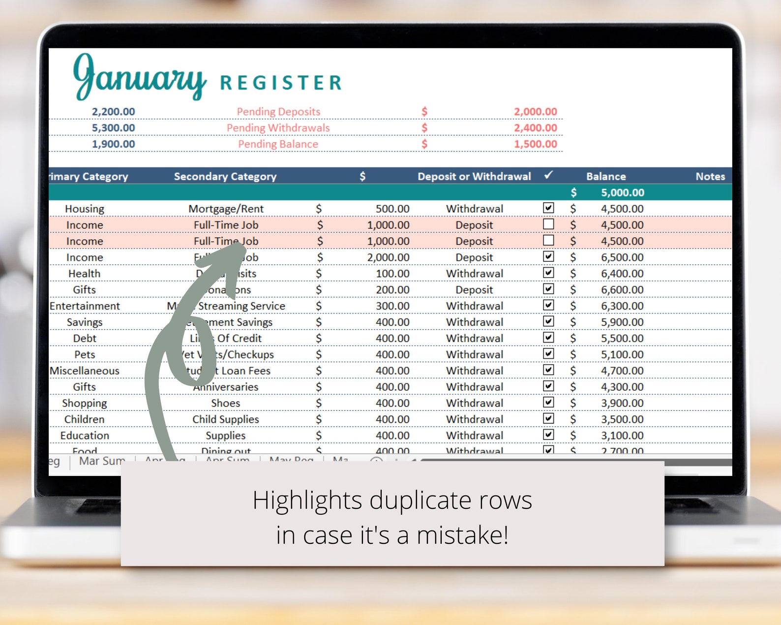 Checkbook Register With Monthly Summaries Excel Spreadsheet Template ...