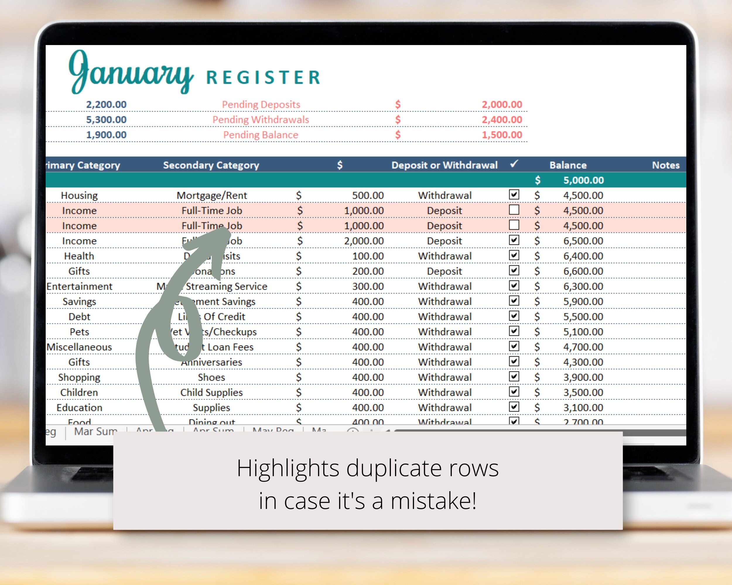 Checkbook Register With Monthly Summaries Excel Spreadsheet Template ...