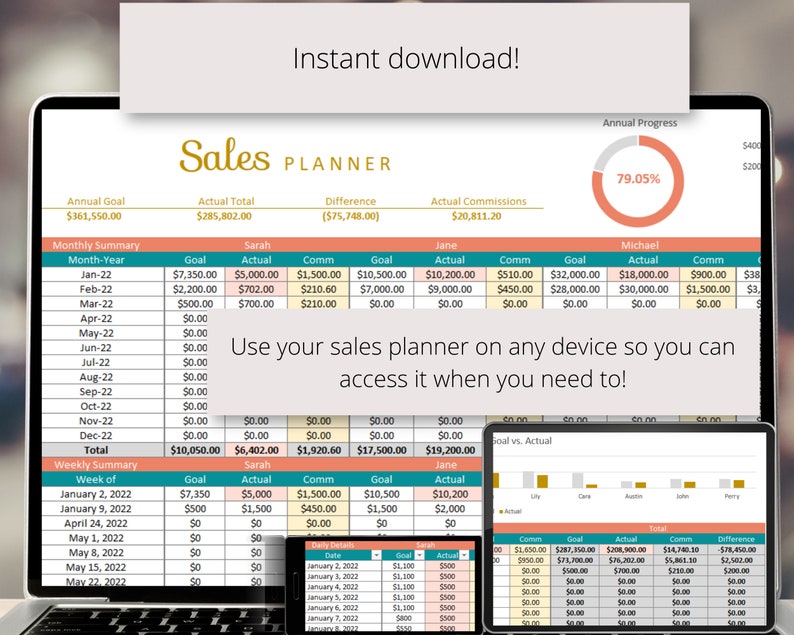 Sales Planner Excel Spreadsheet Template, Sales Report to Track Daily ...