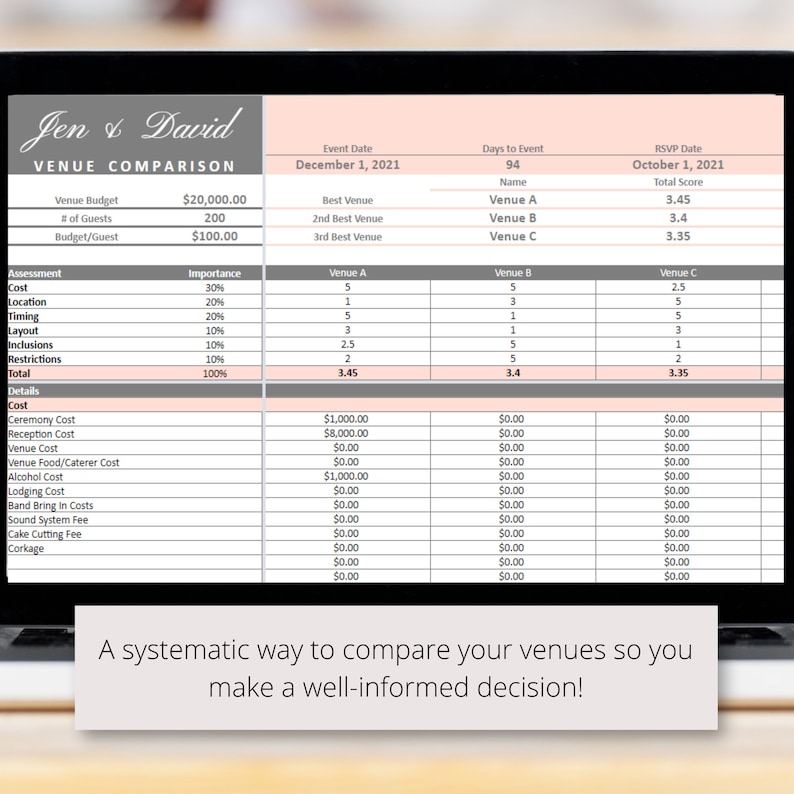Wedding Venues Comparison Google Sheets Spreadsheet | Compare Each ...